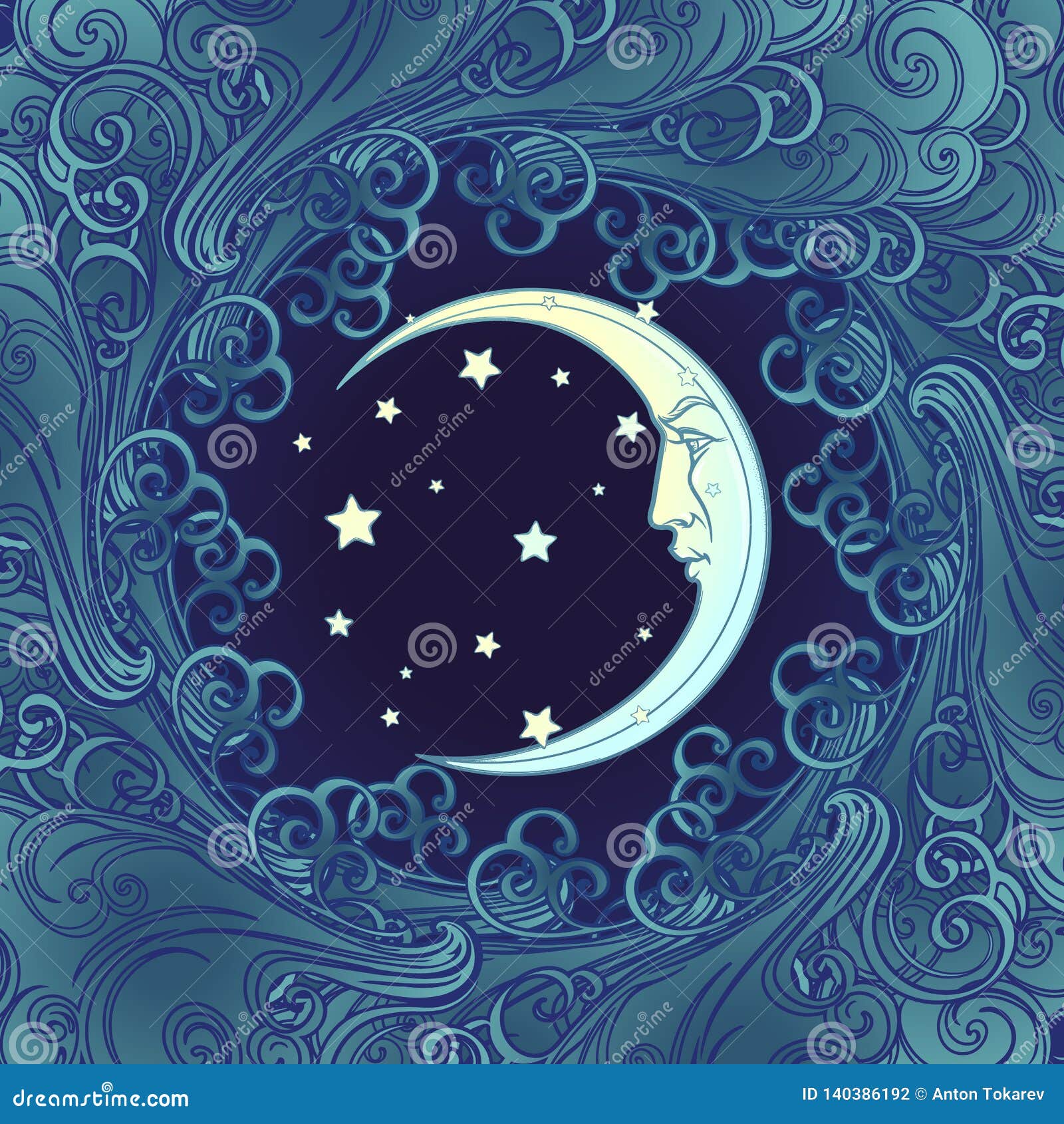 Decorative Composition with Stylized Human Faced Moon and Stars. Stock ...