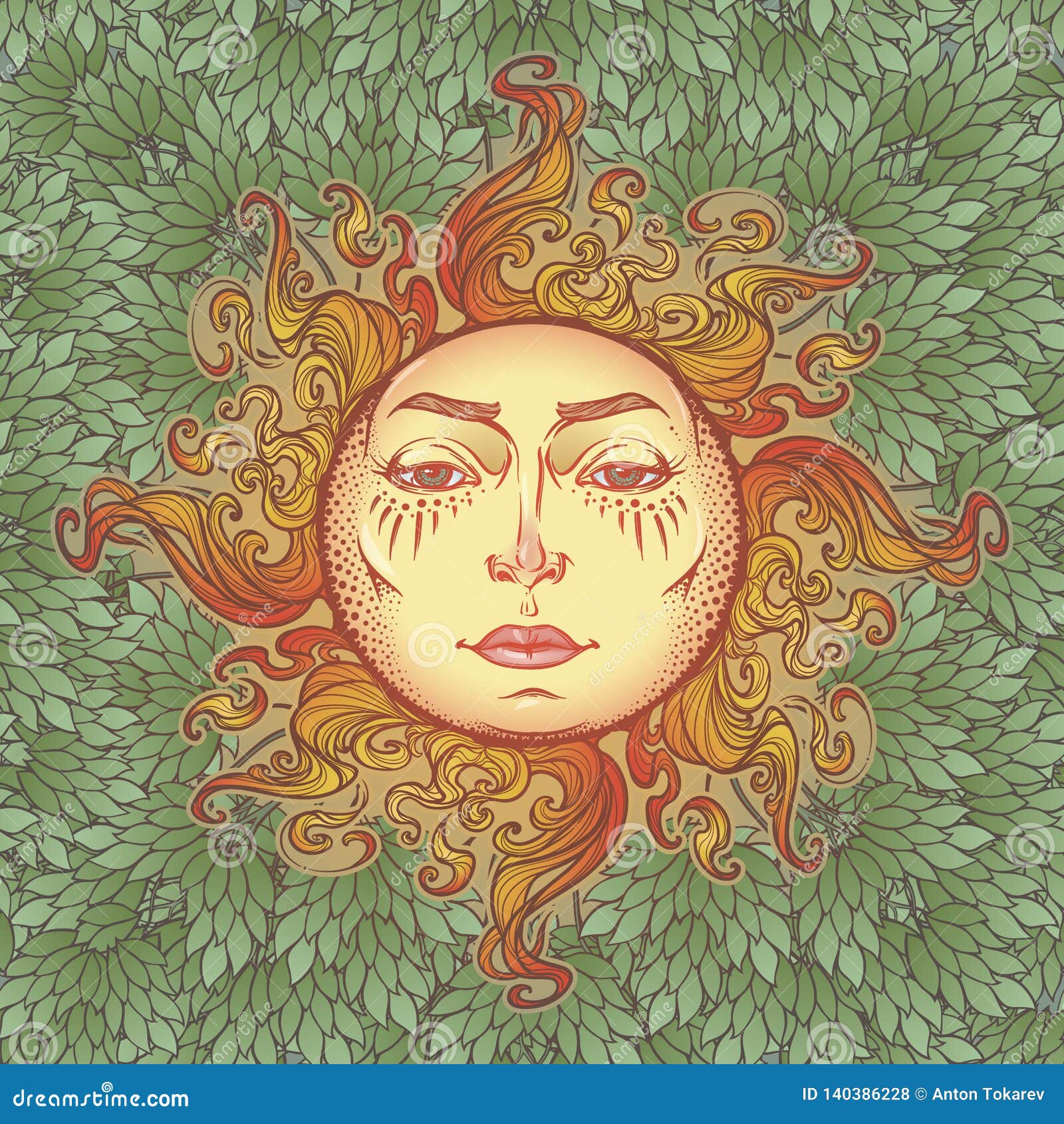 Decorative Composition with Stylized Human Faced Sun. Stock Vector ...