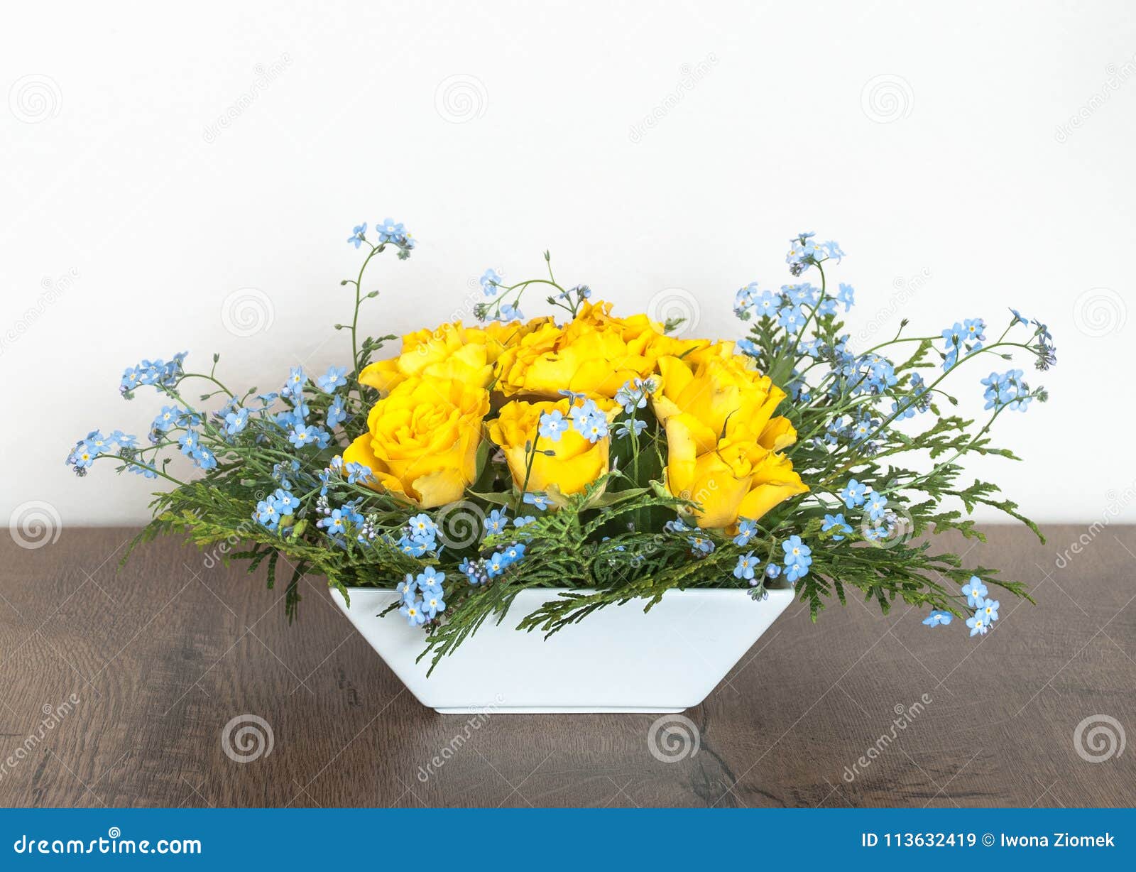 Decorative Composition of Yellow Roses and Blue Forget-Me-Not Flowers ...