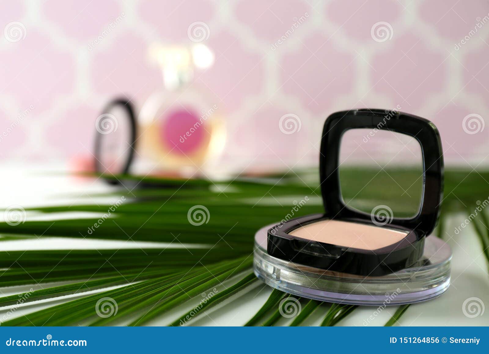 Decorative Cosmetics with Tropical Leaf on White Table Stock Photo ...