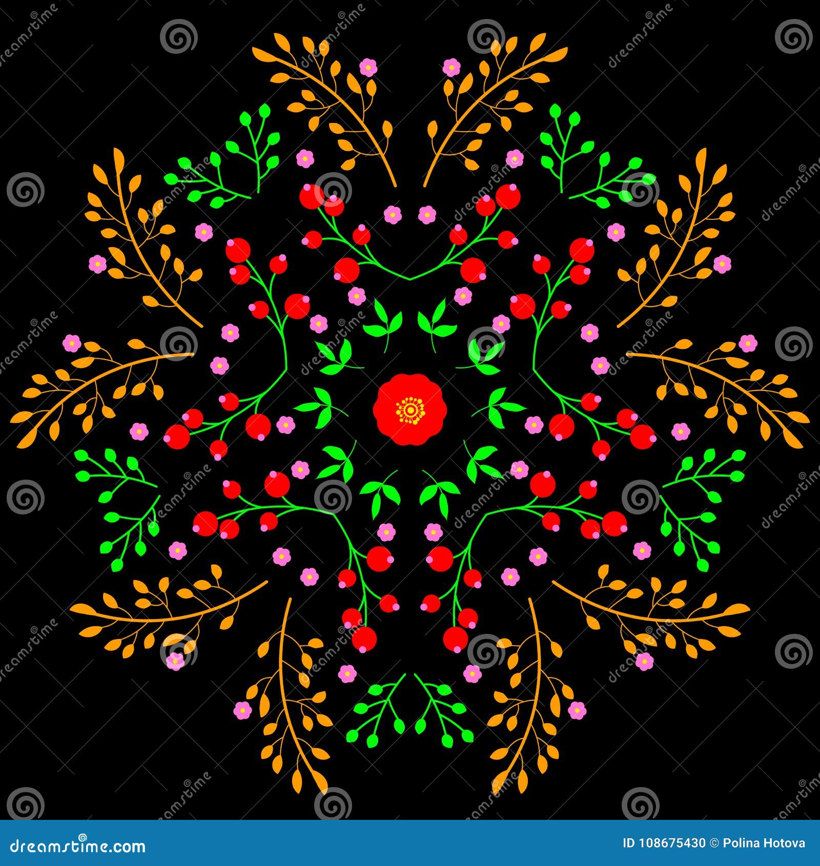 Decorative Design of Floral Mirror Pattern on Black Background. Stock ...