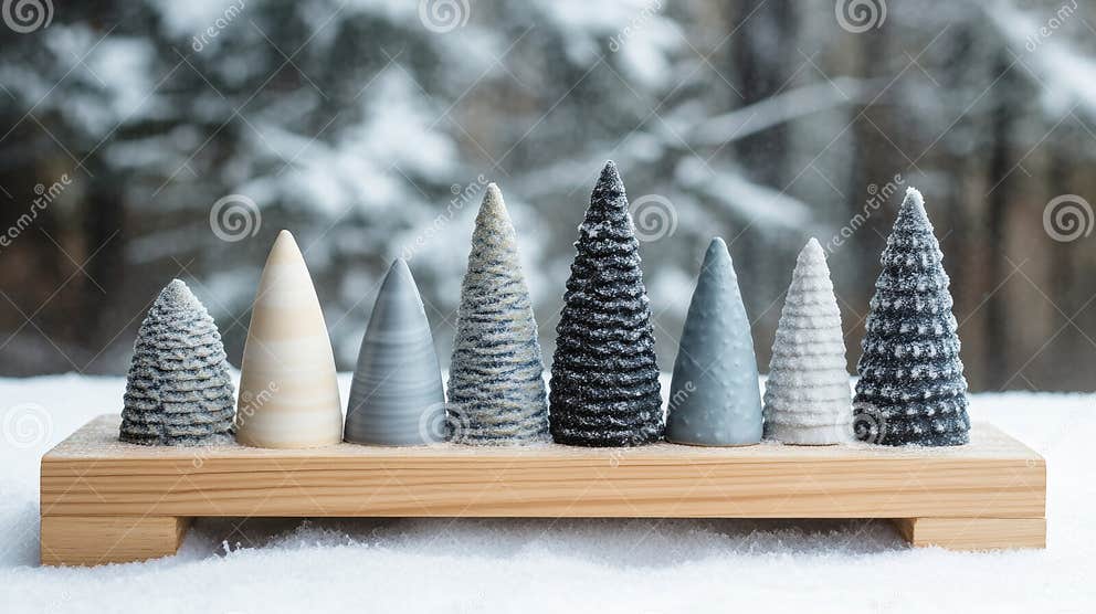 Decorative Display of Various Ceramic Trees on a Snowy Background Stock ...