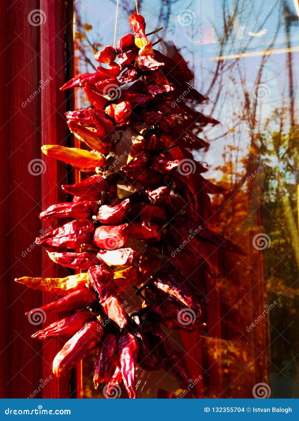 Dry Red Peppers On A String Hung At A Store Front. Shite Stucco ...