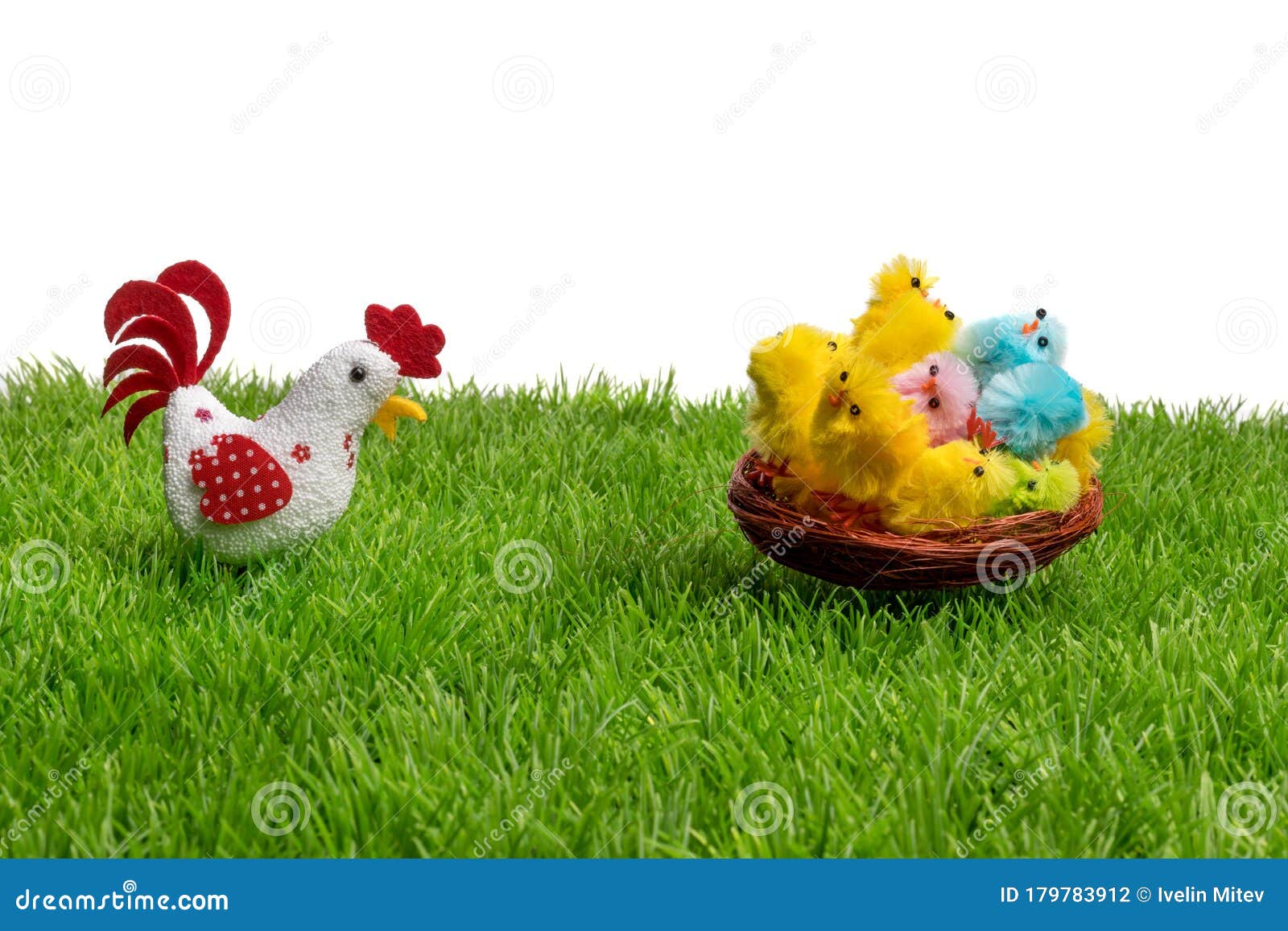 Decorative Easter Chickens in Nest and Hen on Plastic Grass, Isolated ...