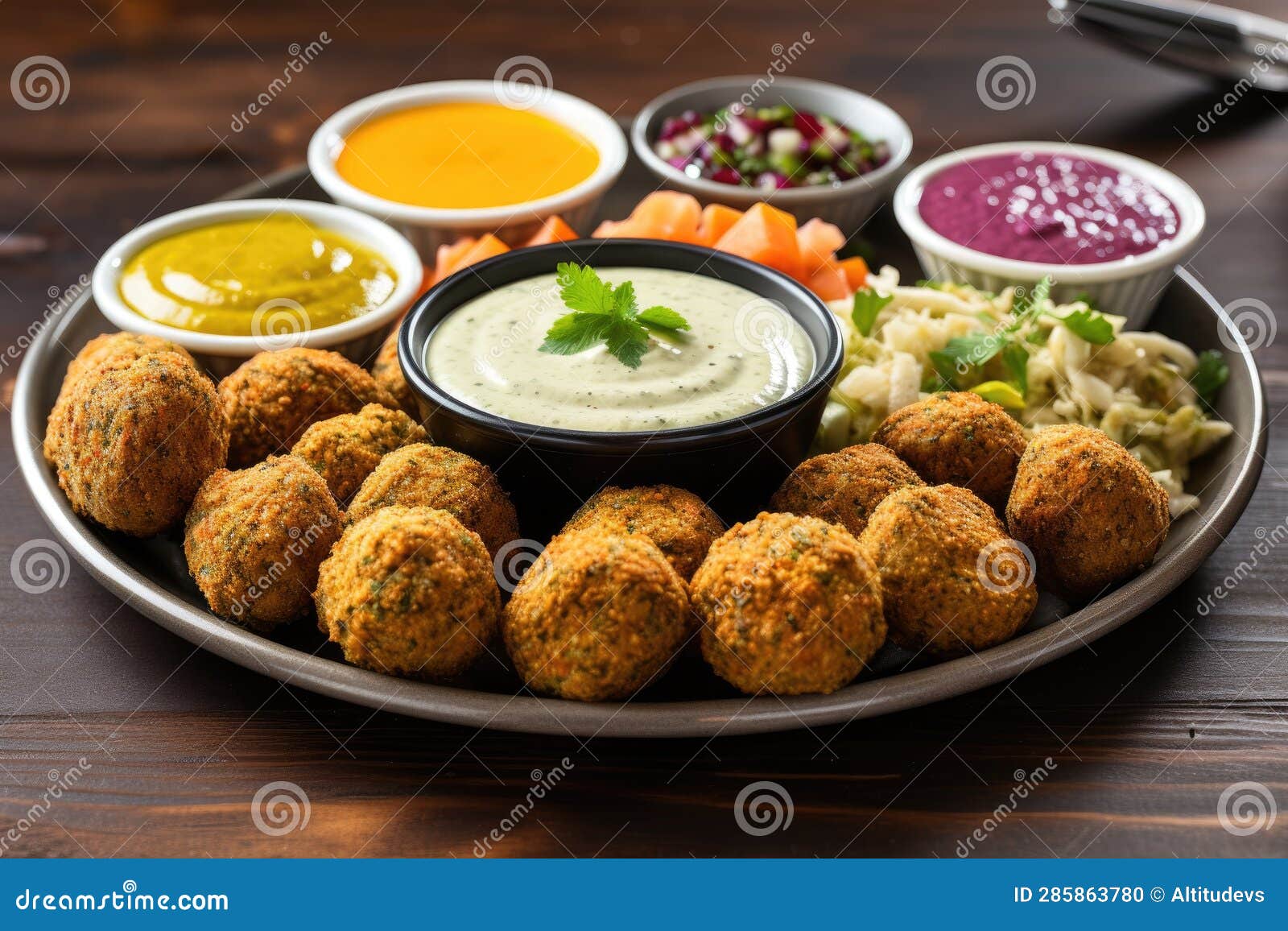 Decorative Falafel Platter with Various Dipping Sauces Stock Photo ...