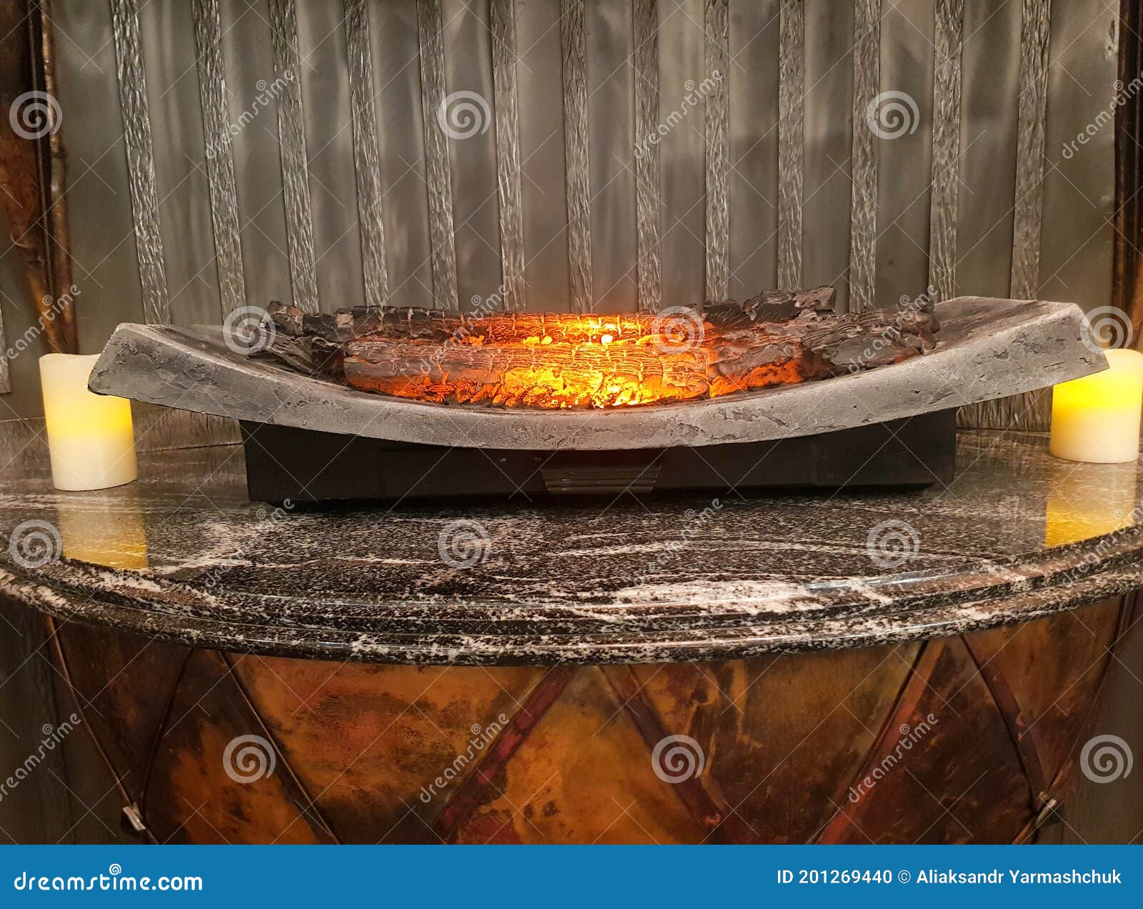 Decorative Fireplace with Mock-up. Artificial Fire on Wood Stock Photo ...