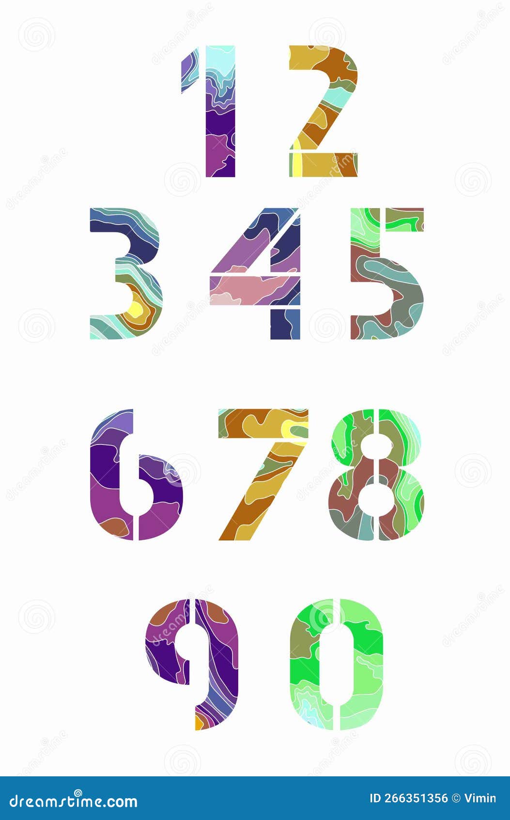 A Set of Vector Numbers with a Pattern of Wavy Multicolored Lines ...
