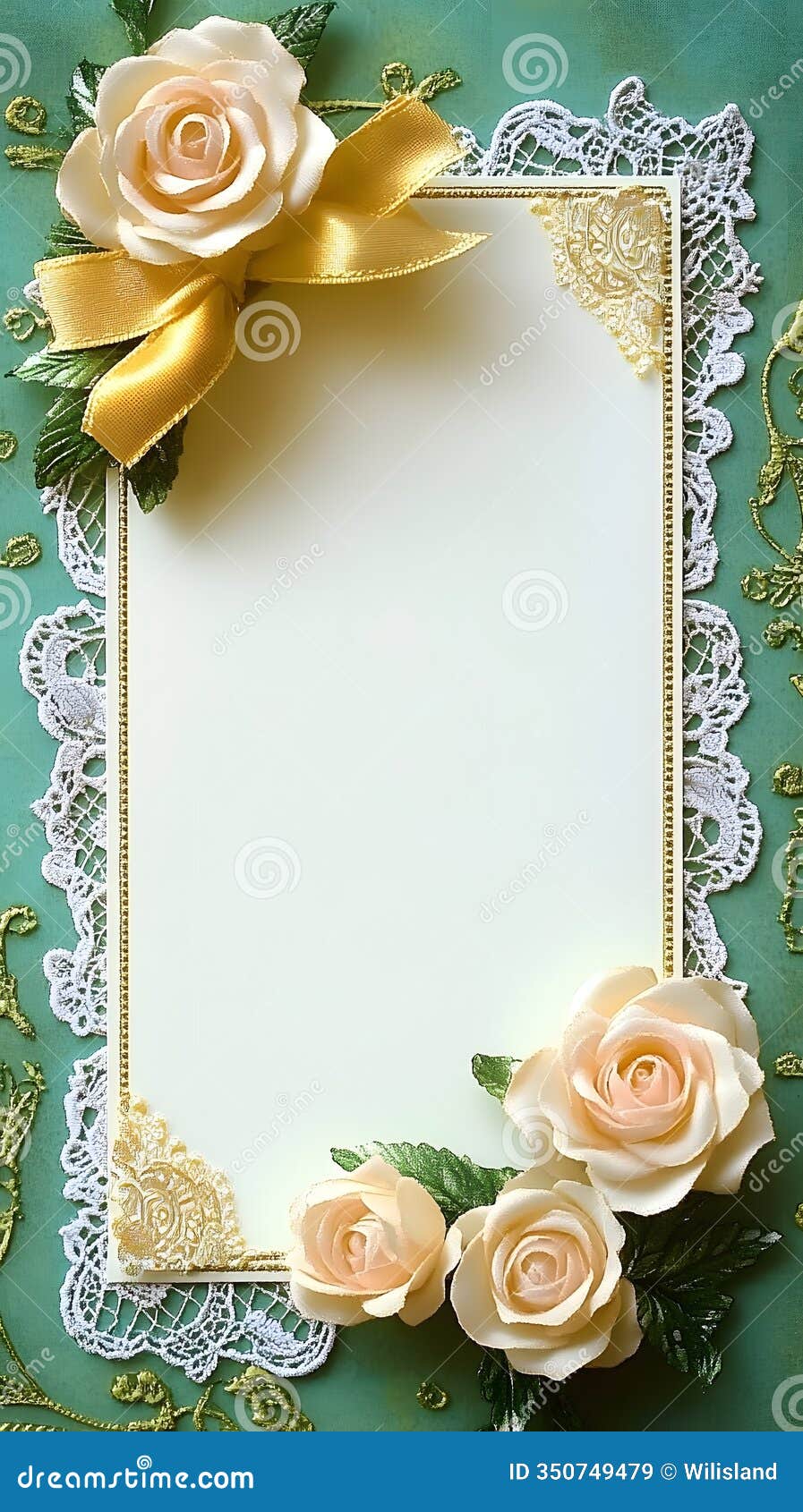 A Decorative Frame Adorned with Cream Roses and Lace for Invitations or ...