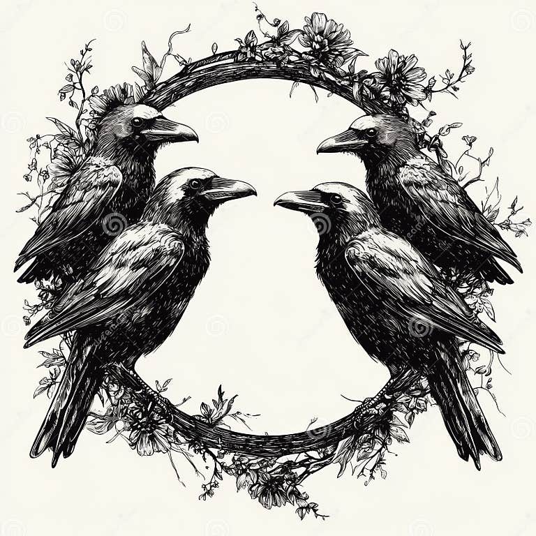 A Decorative Frame Encasing Three Crows Perched on Branches Stock Image ...