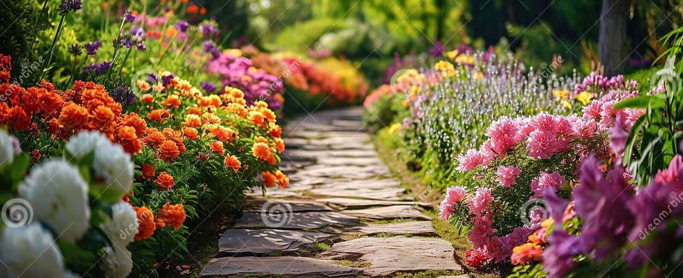 Decorative Garden on a Large Path of Flowers Stock Photo - Image of ...