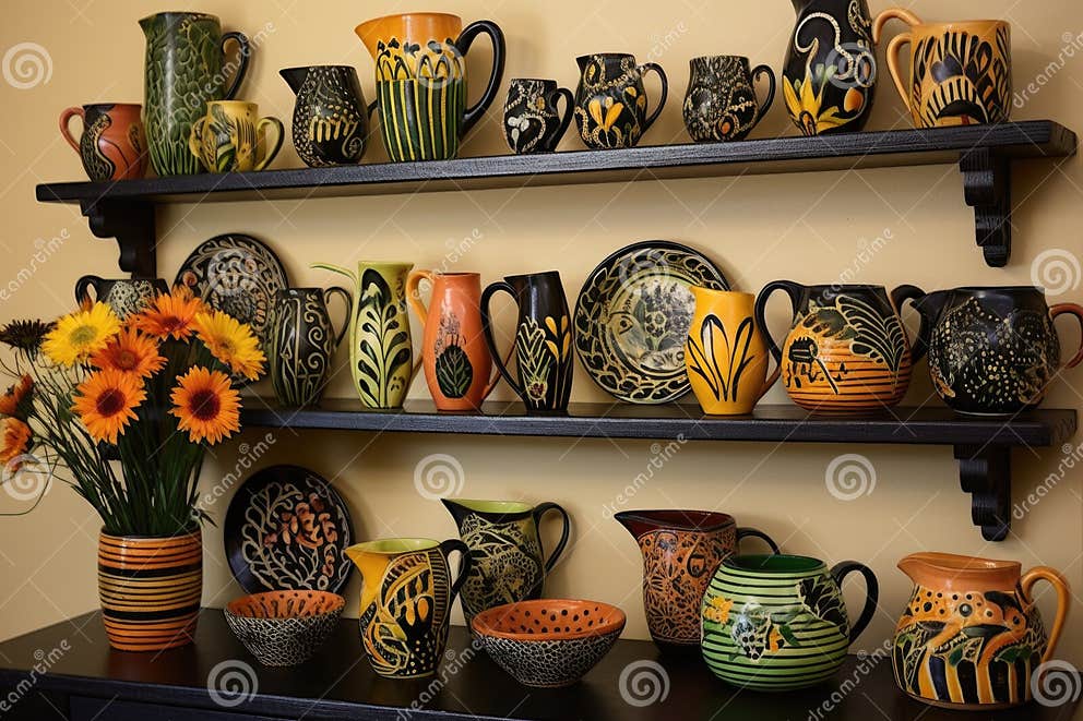 Decorative Hand-painted Pottery Arranged in a Creative Display Stock ...