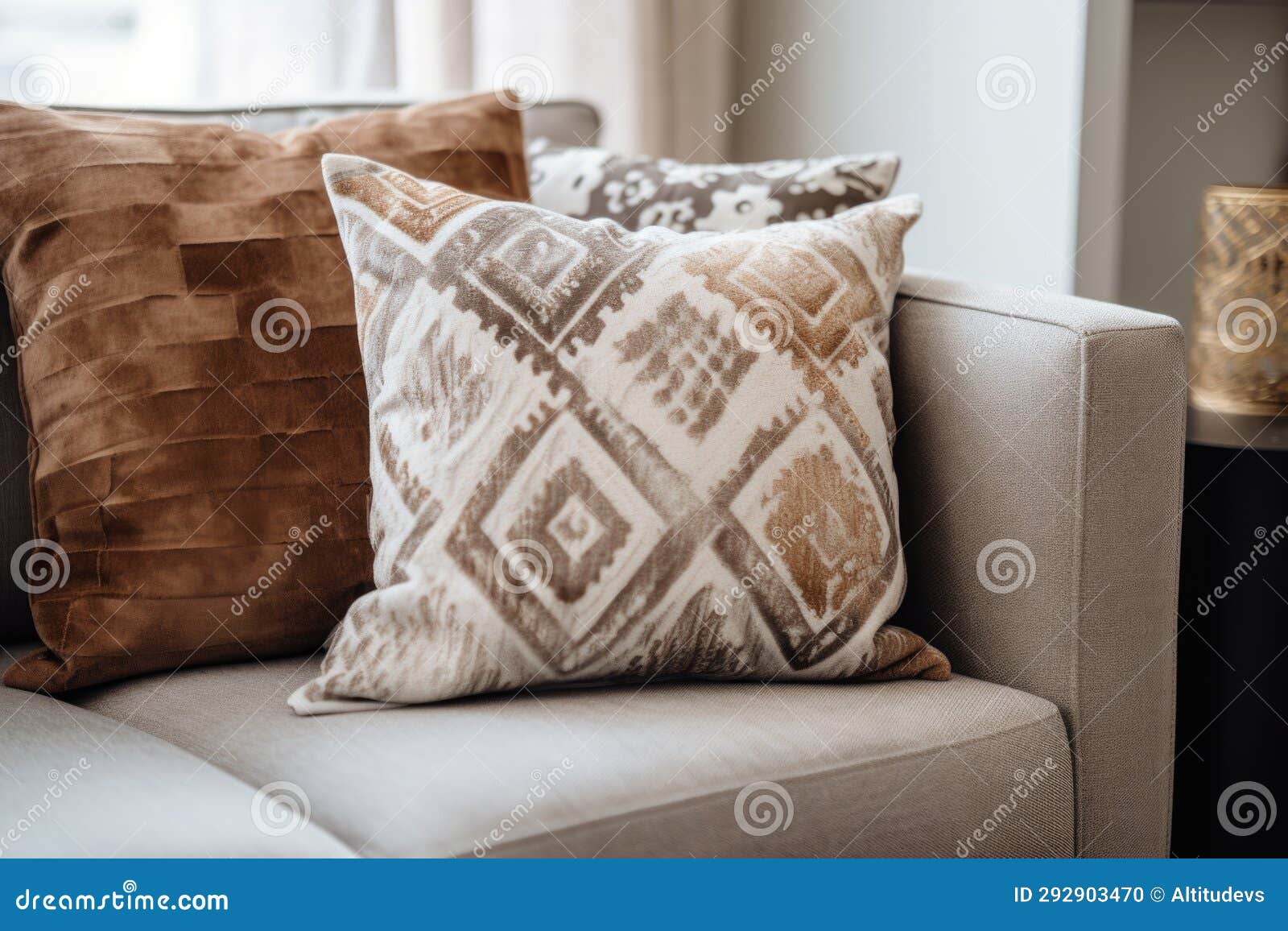 Decorative Handmade Pillows on a Neutral-toned Couch Stock Photo ...