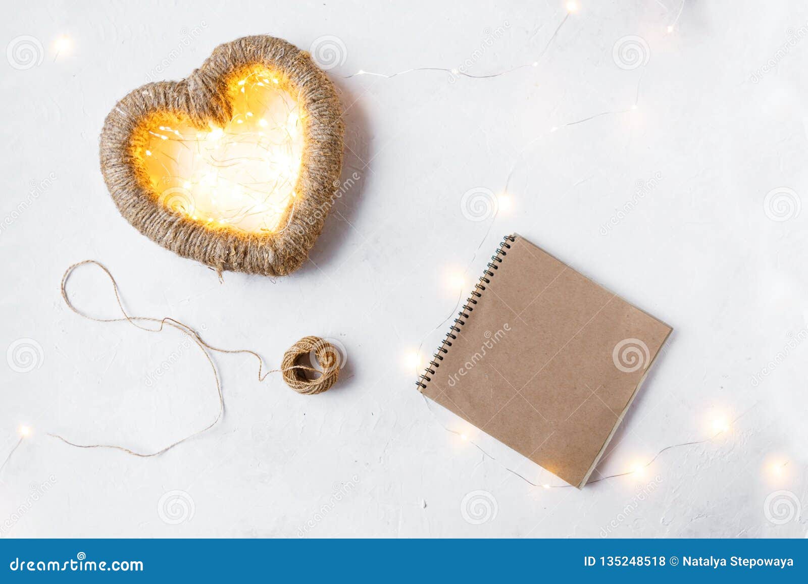 Decorative Heart in Rustic Style, Notepad, Lights on a White Background ...