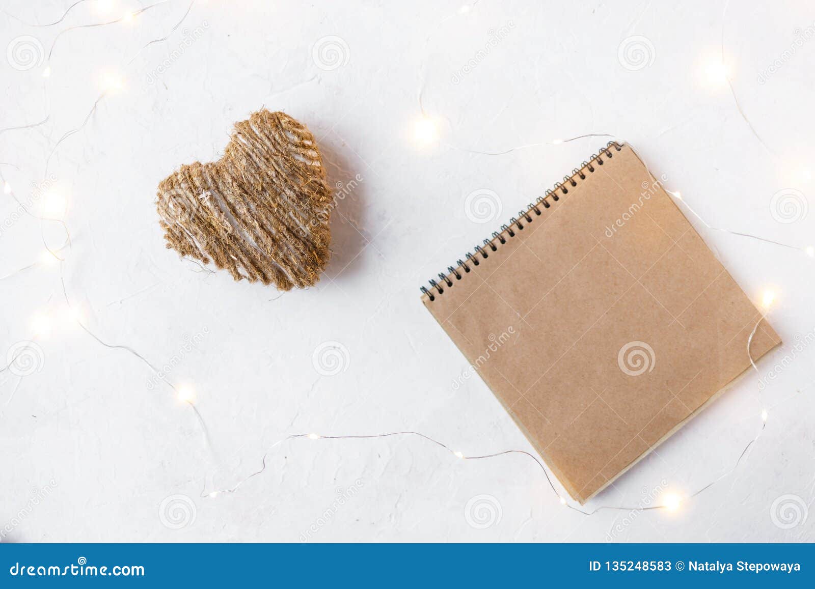 Decorative Heart in Rustic Style, Notepad, Lights on a White Background ...
