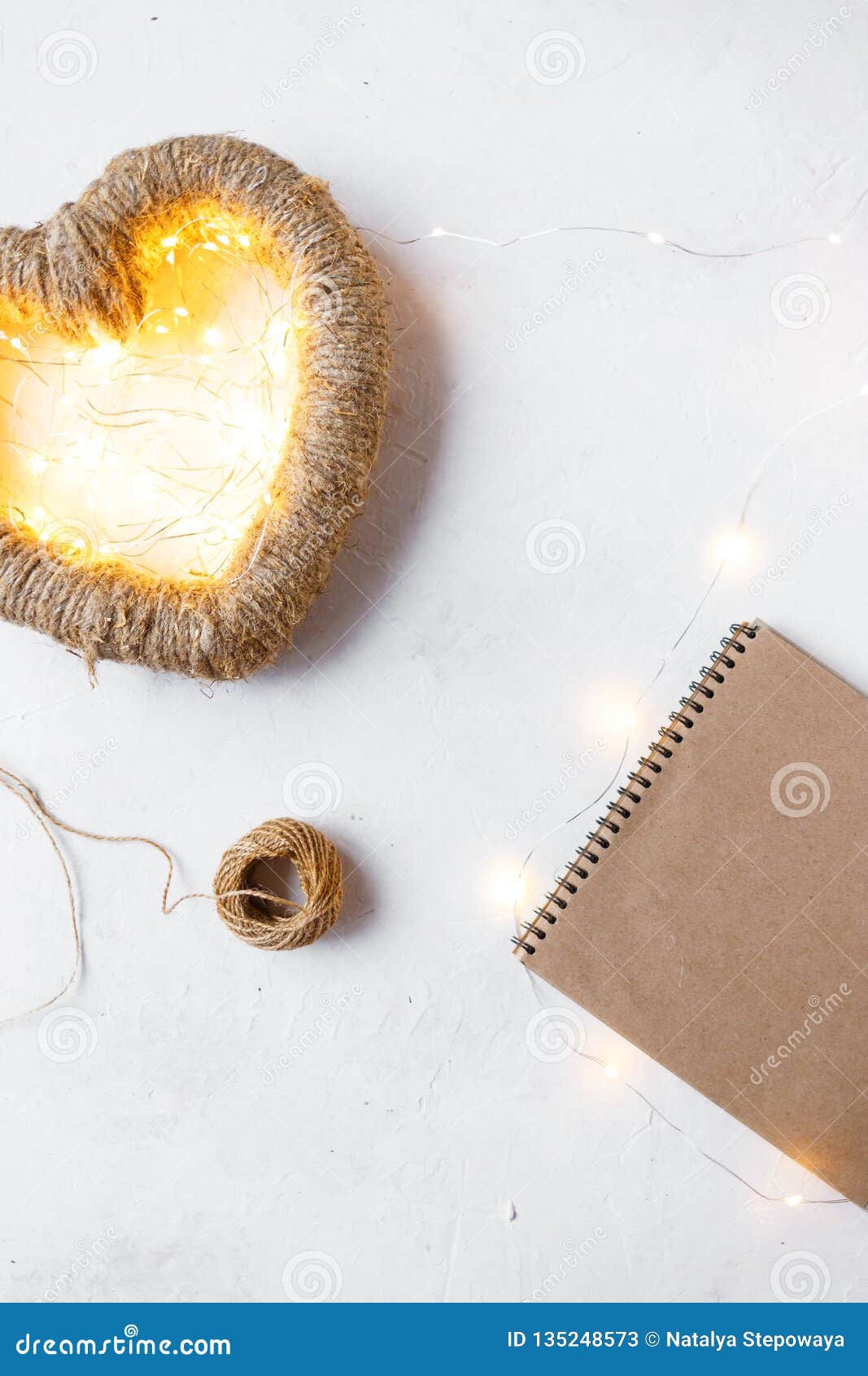 Decorative Heart in Rustic Style, Notepad, Lights on a White Background ...
