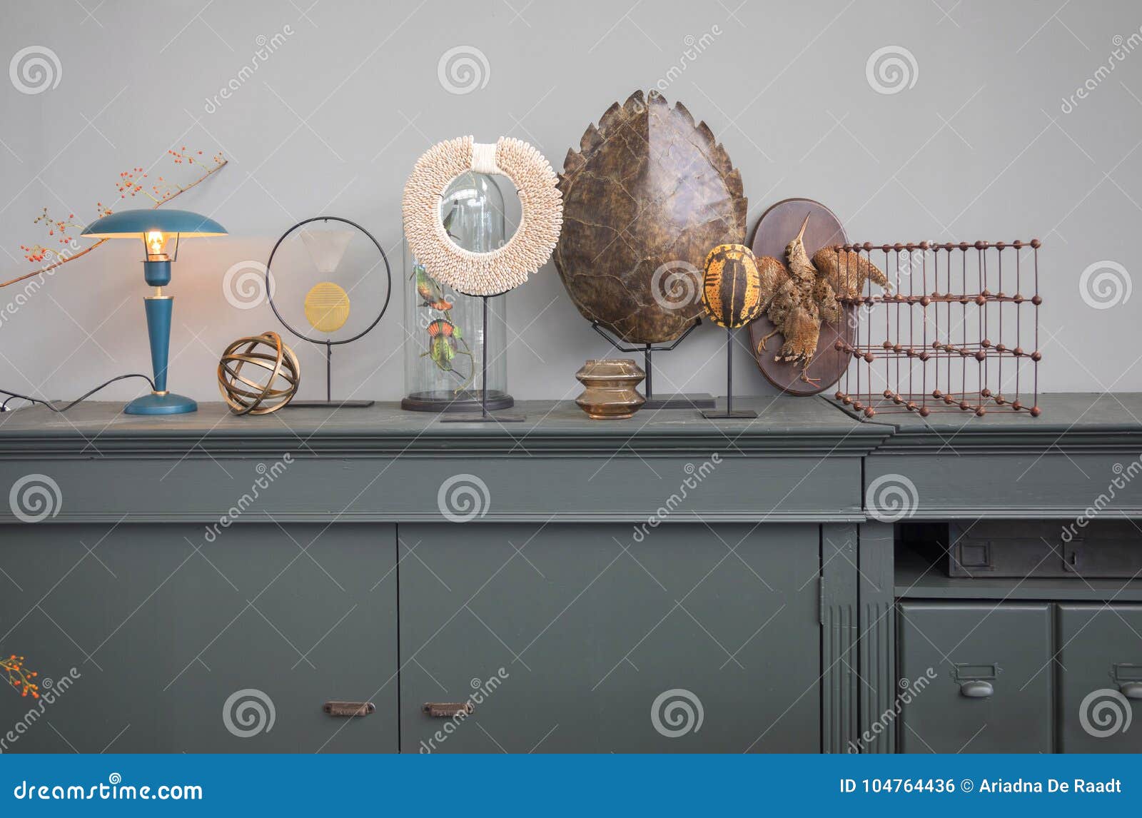 Home Objects on Shelf in Retro Interior Stock Photo - Image of desk ...
