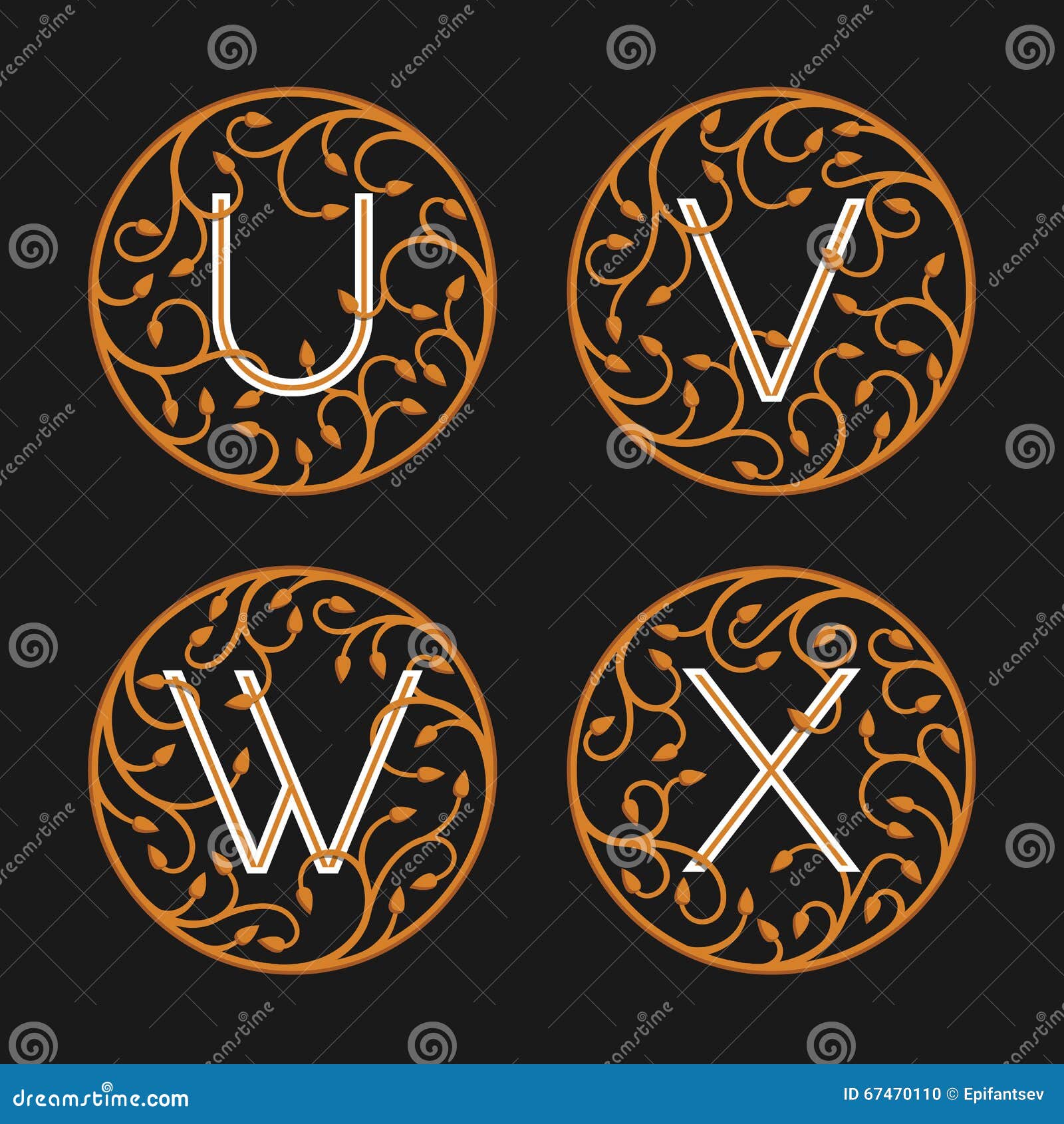 Decorative Initial Letters U, V, W, X. Stock Vector - Illustration of ...