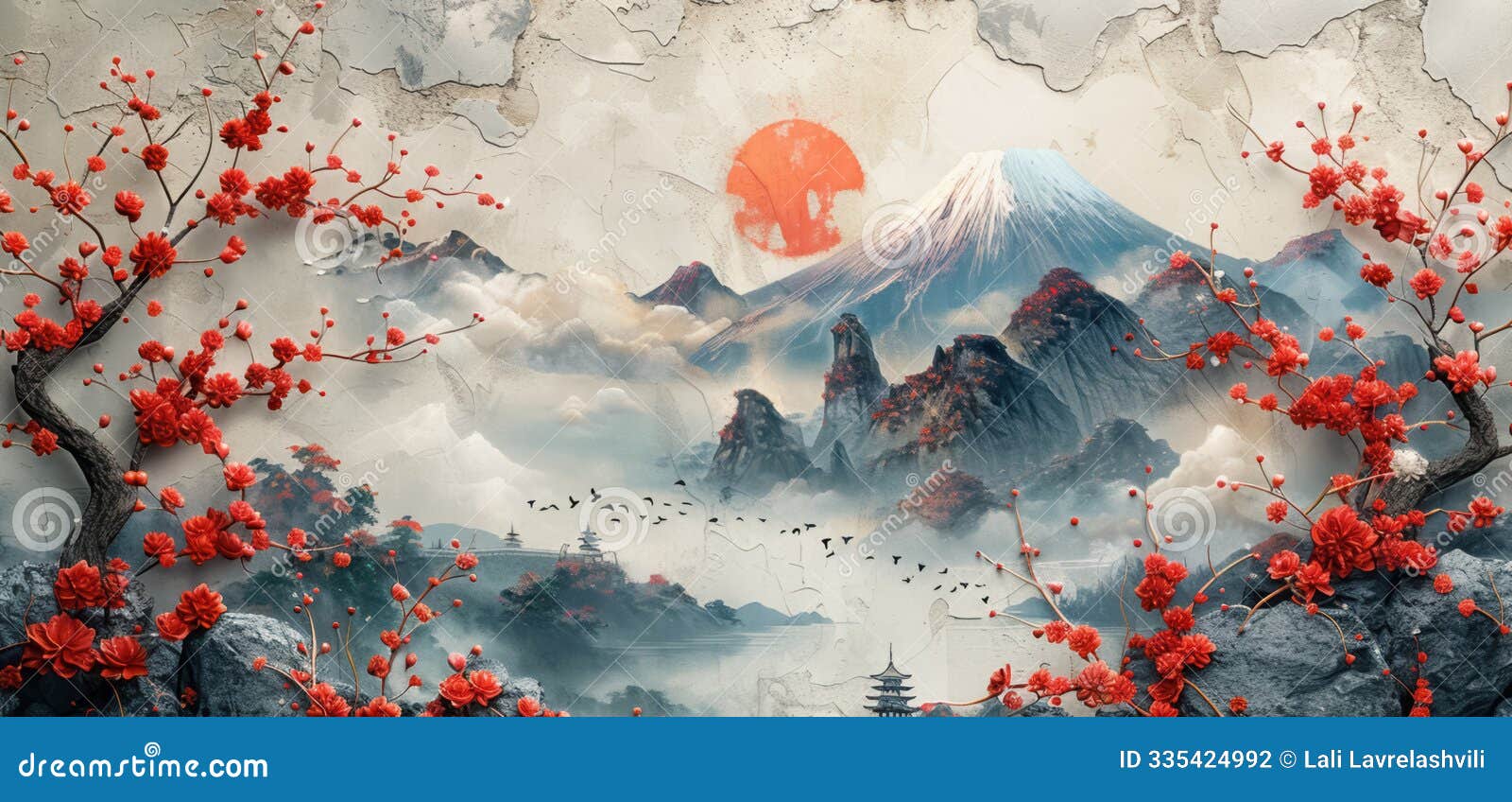 Decorative Japanese Background with Red and Blue Watercolor Textures ...