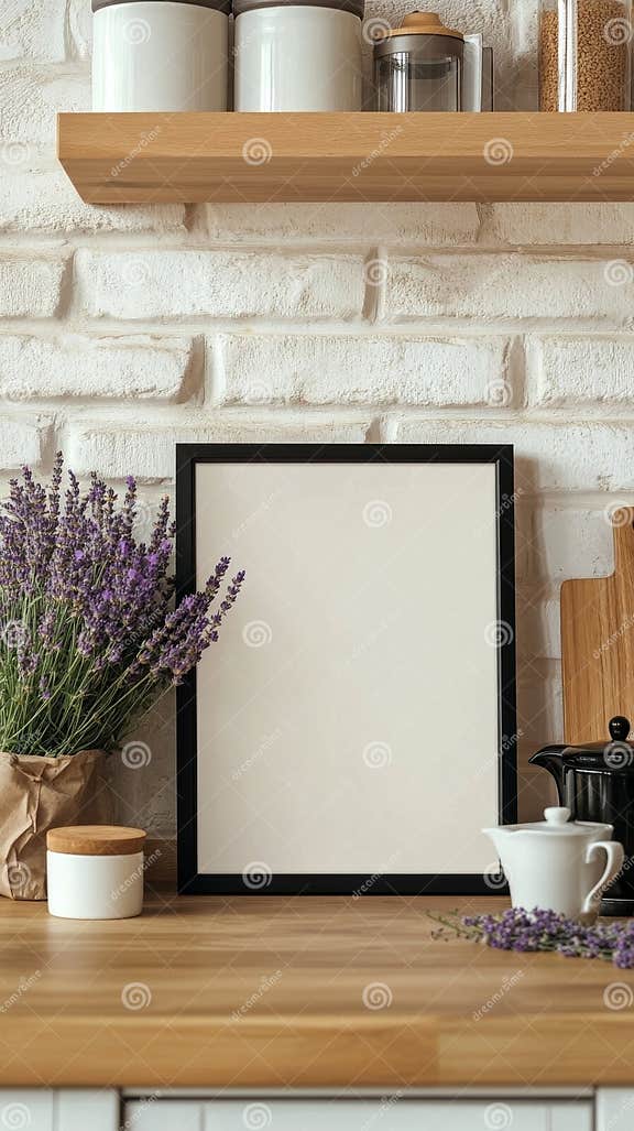Decorative Kitchen Counter Display with Lavender, Empty Frame, and ...