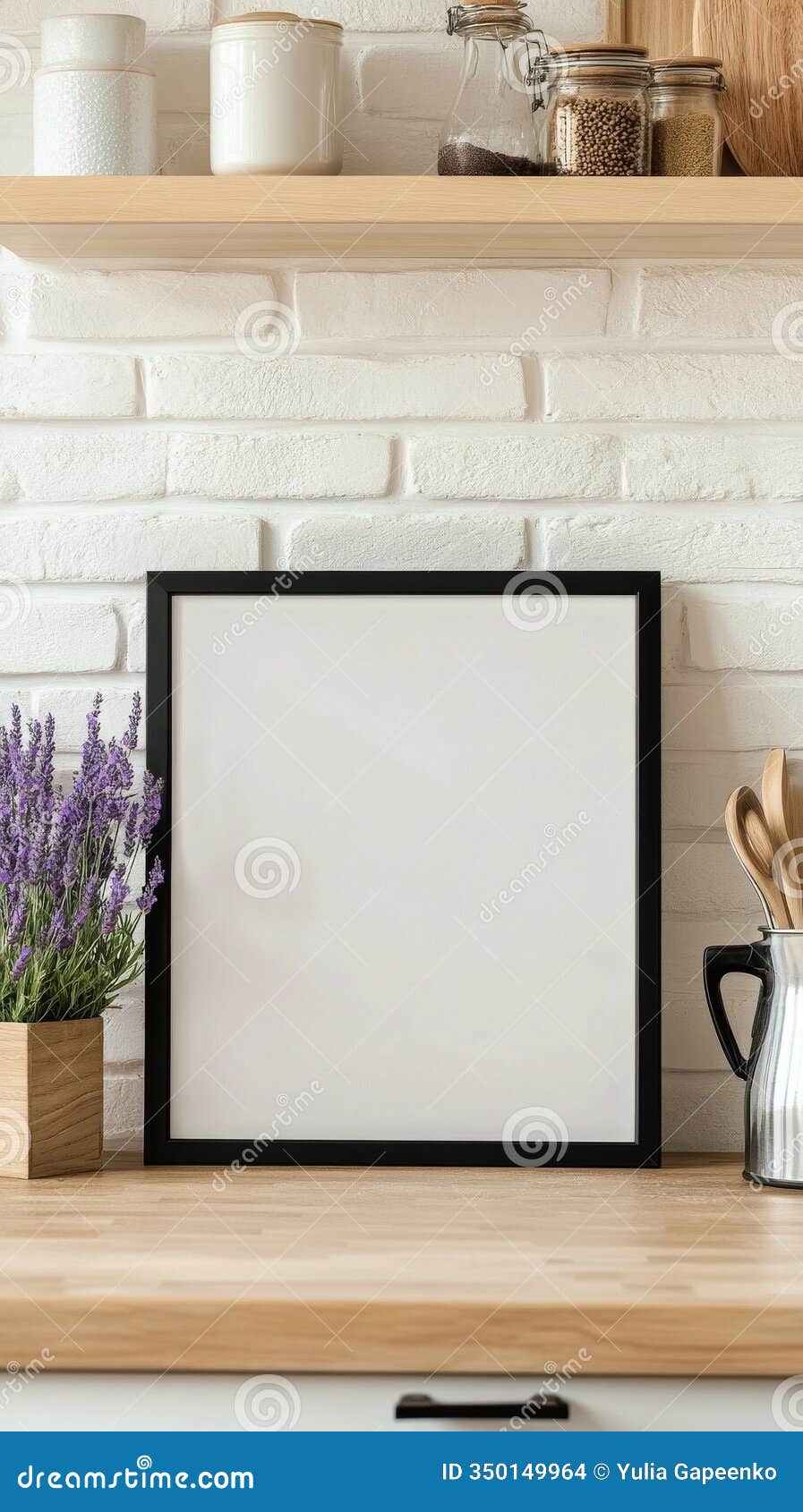Decorative Kitchen Counter Display with Lavender, Empty Frame, and ...