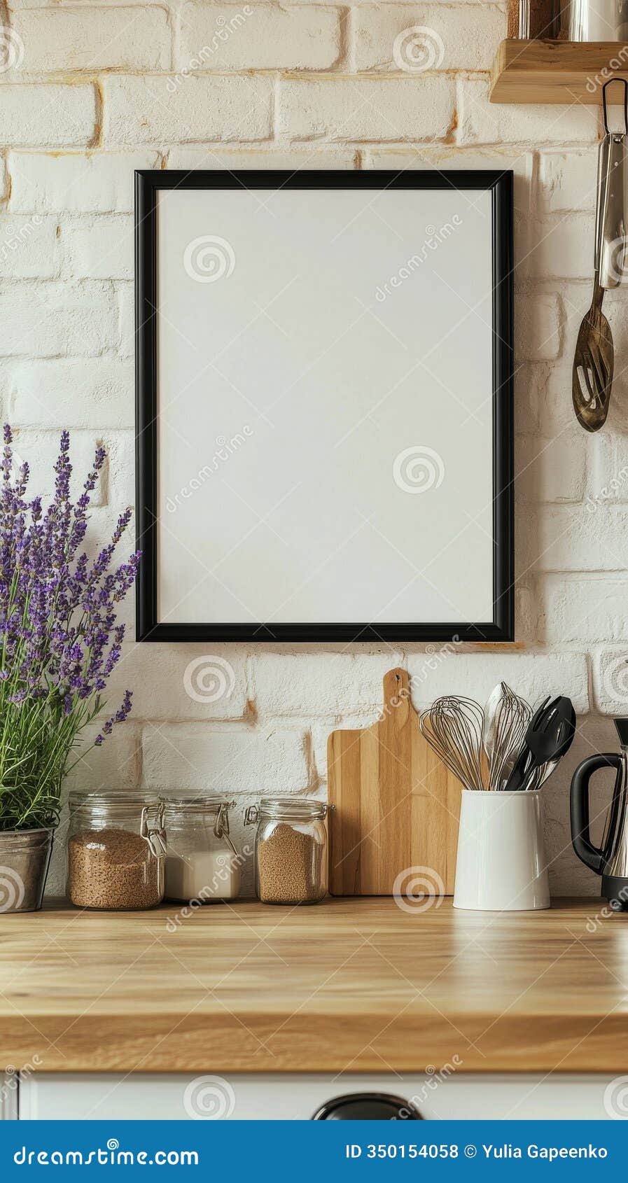 Decorative Kitchen Counter Display with Lavender, Empty Frame, and ...