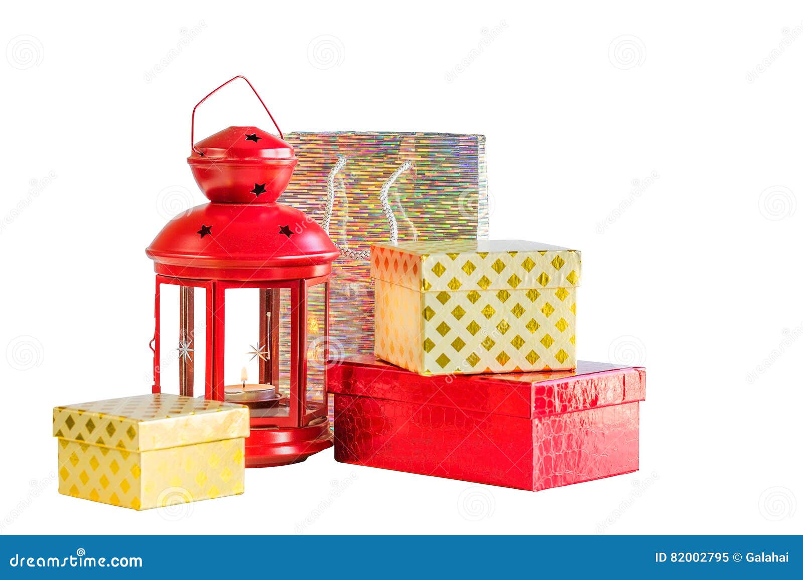 Decorative Lantern, Gift Box and Silver Package on White Background ...