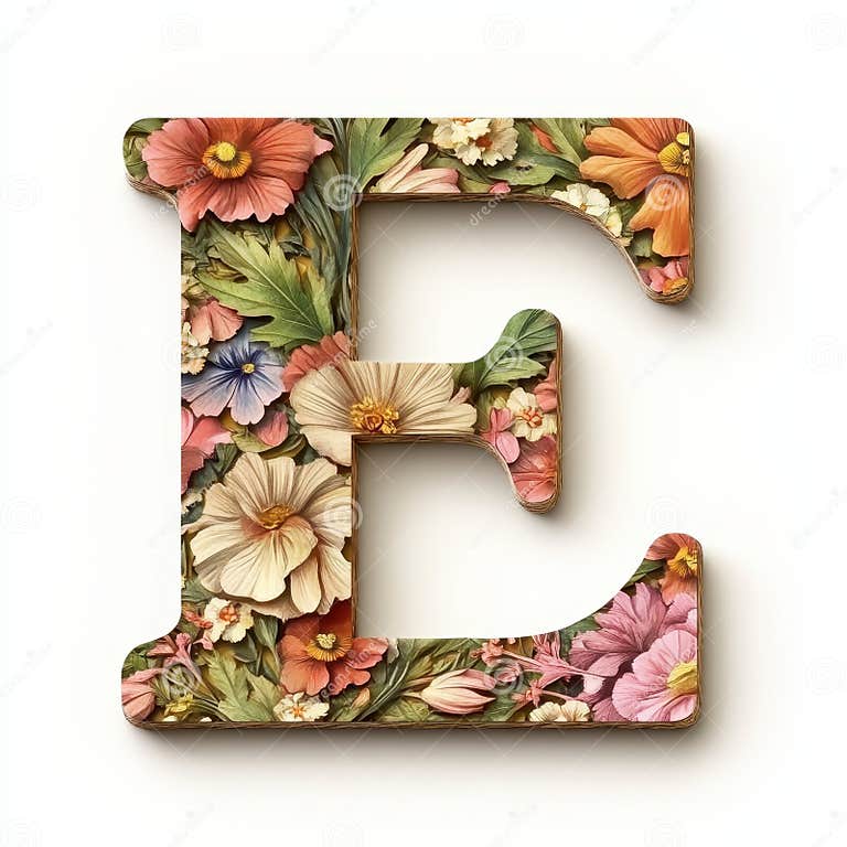 A Decorative Letter "E" Adorned with Colorful Floral Patterns Stock ...