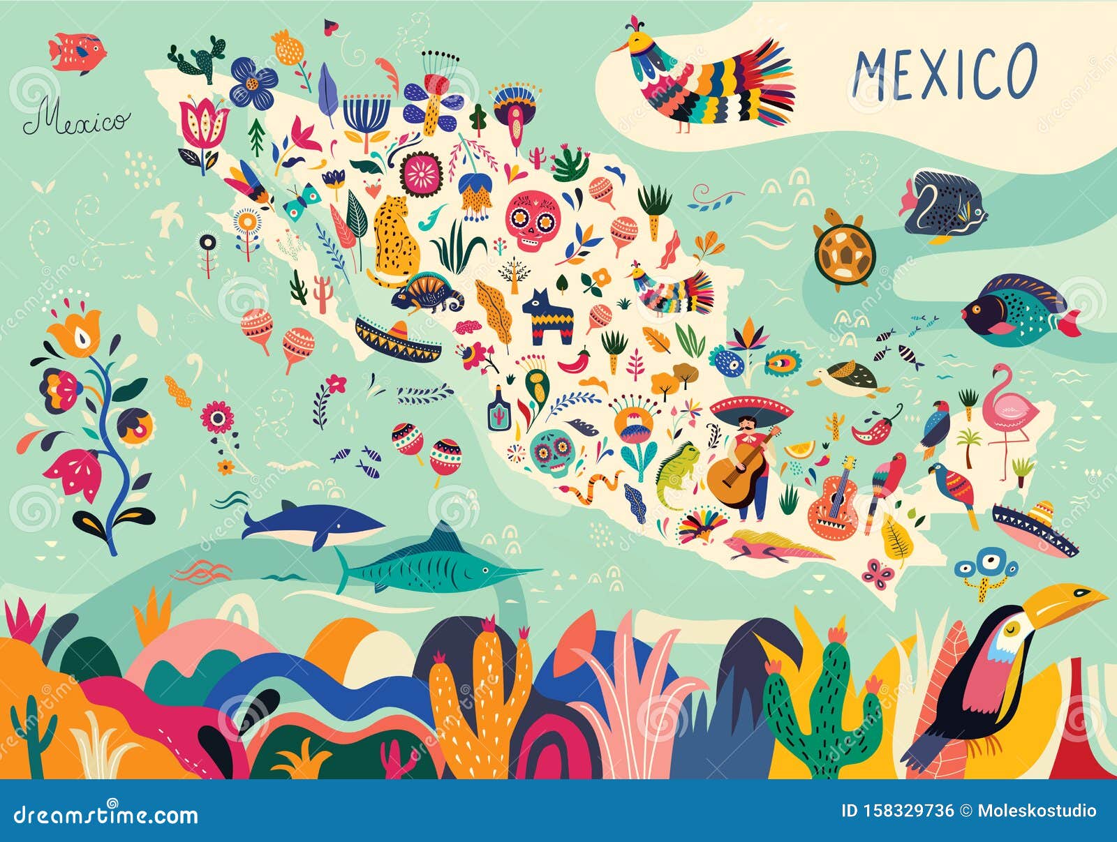 Map of Mexico with Traditional Symbols and Decorative Elements. Stock ...