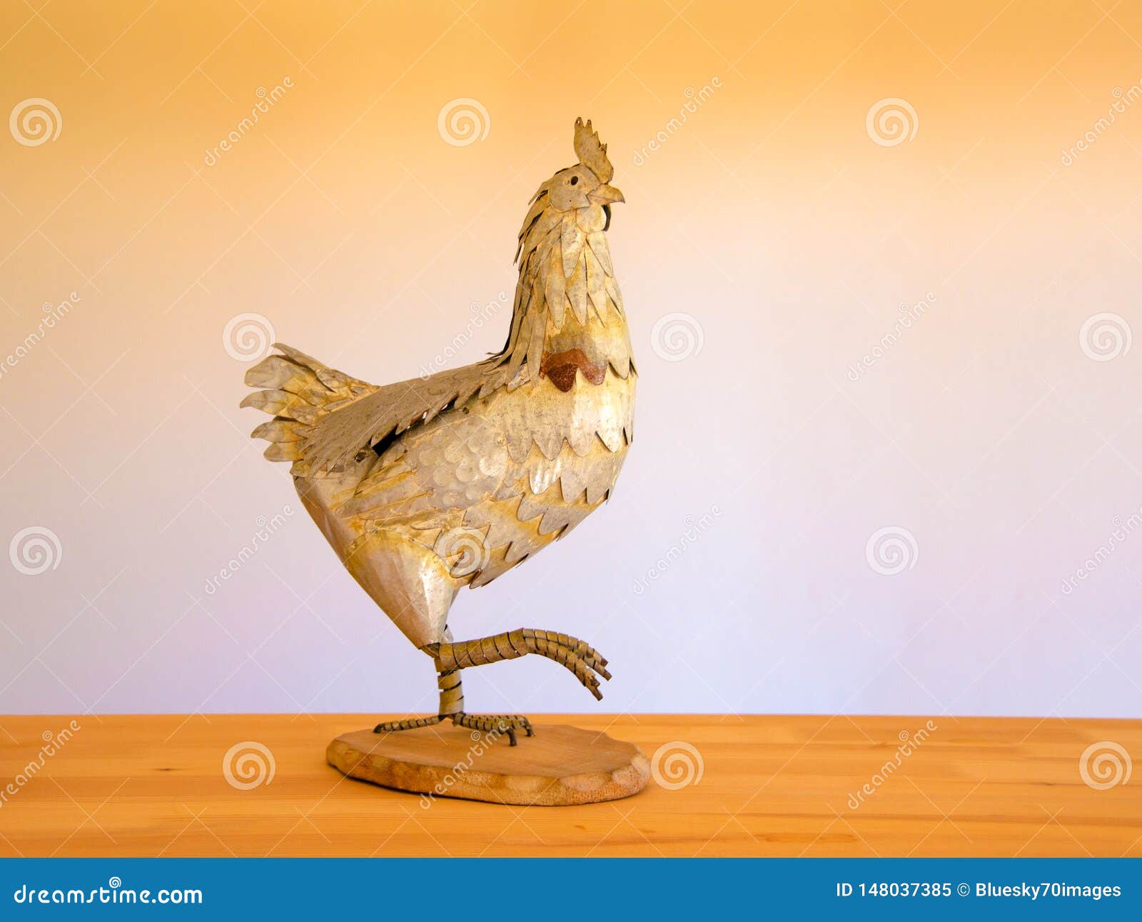 Decorative Metalic Rooster on Wooden Table. Stock Image - Image of head ...