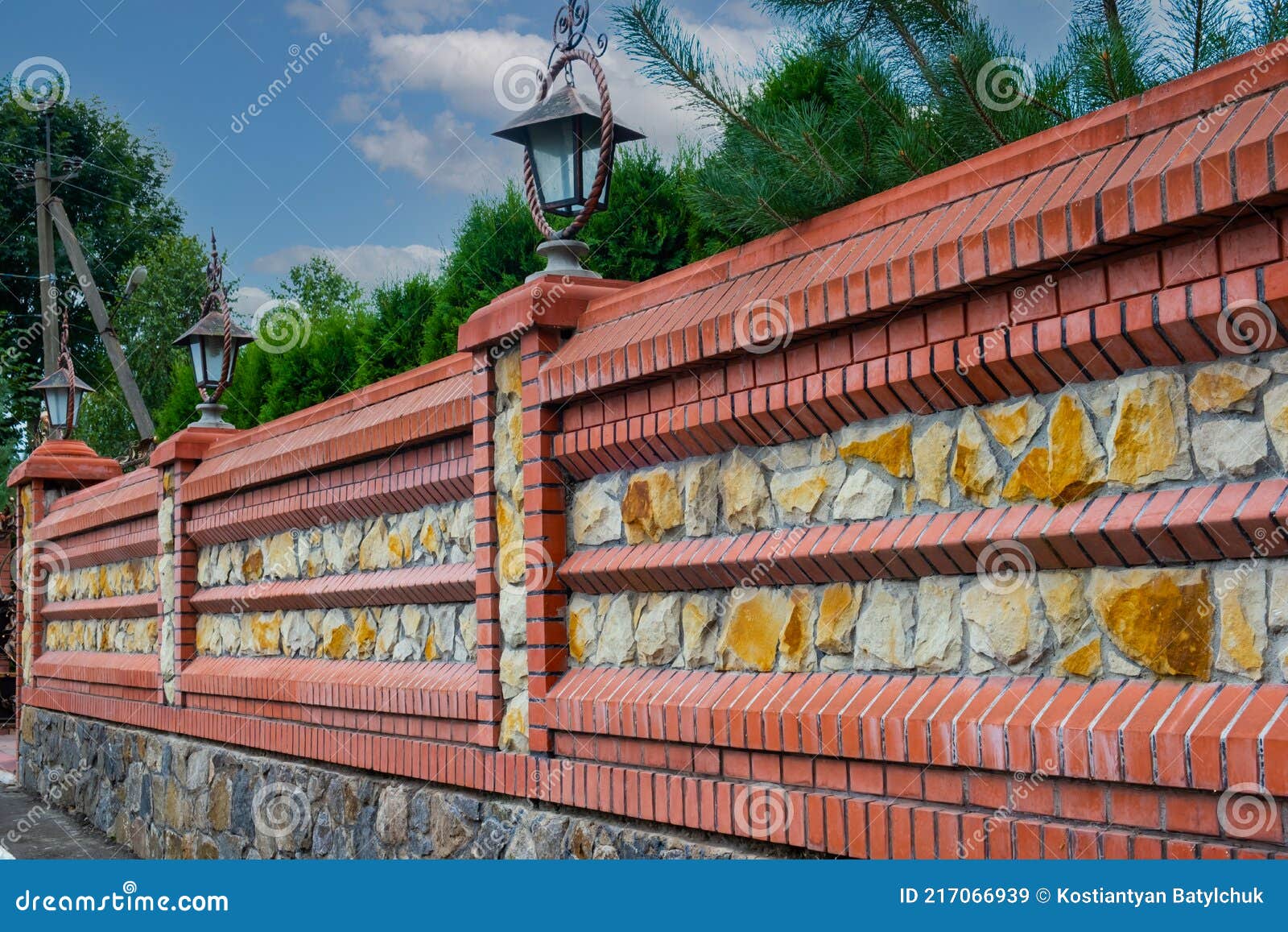 Decorative Modern Fence Made of Red and White Brick with Brick Columns ...
