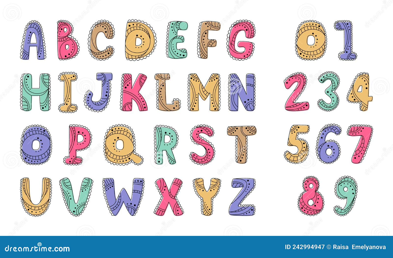 Decorative Multi-colored Alphabet Decorated with Lines and Dots on a ...