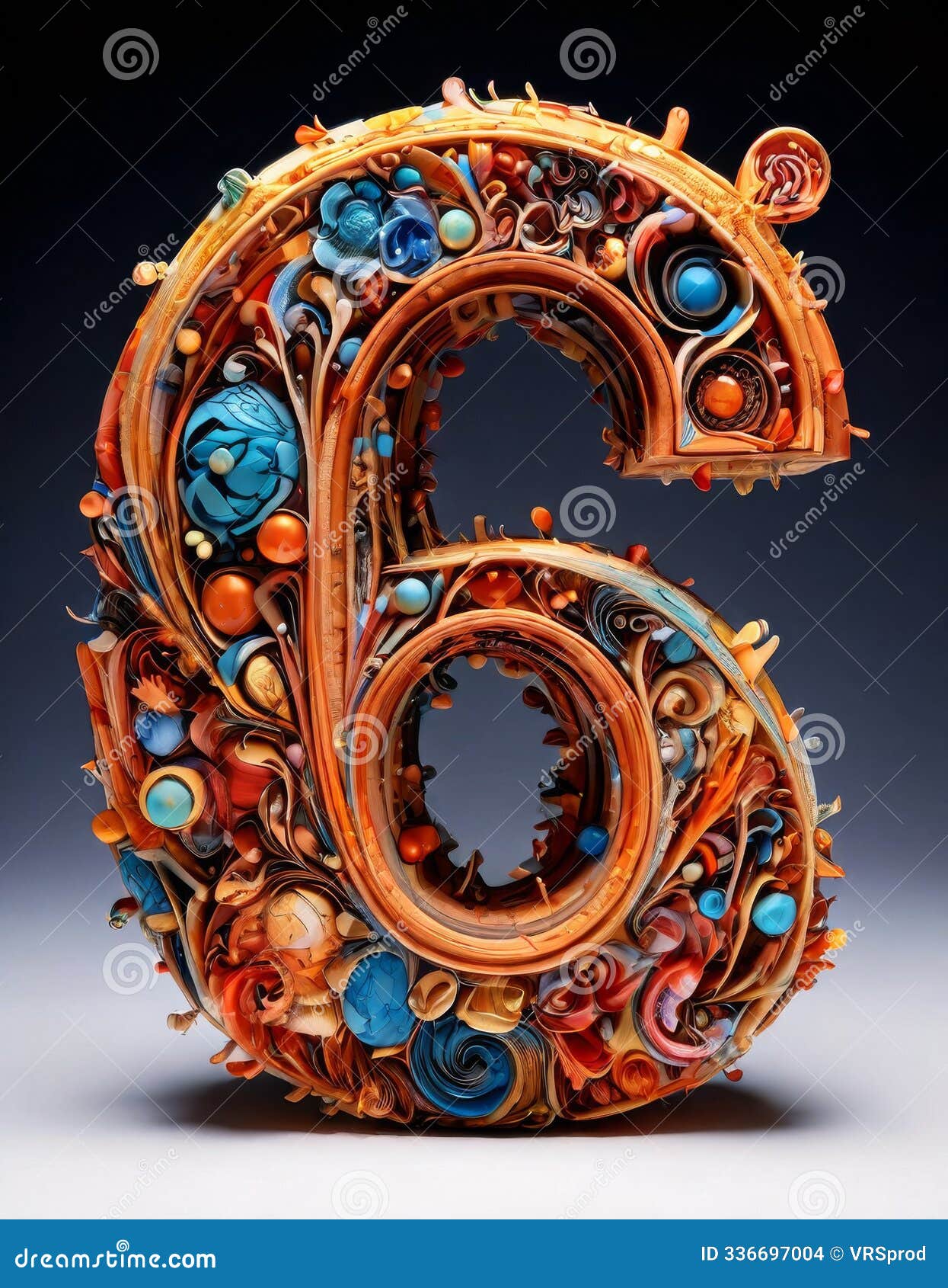 Ornate Number 6 with Swirling Orange and Blue Mechanical Elements Stock ...