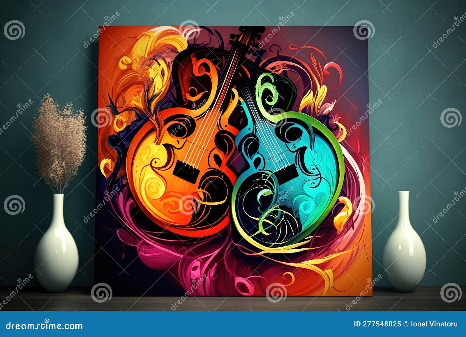 Decorative Painted Frame with Musical Instruments Above the Shelf ...