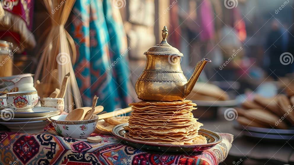 Decorative Pancake Stack with Brass Kettle in Rustic Setting Stock ...
