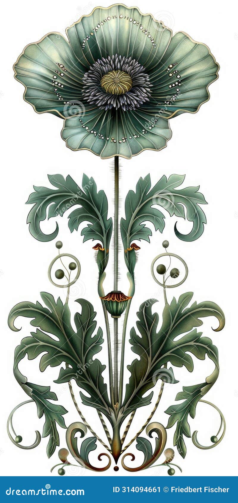 Decorative Poppy Flowers, Stems and Leaves on White Background Stock ...