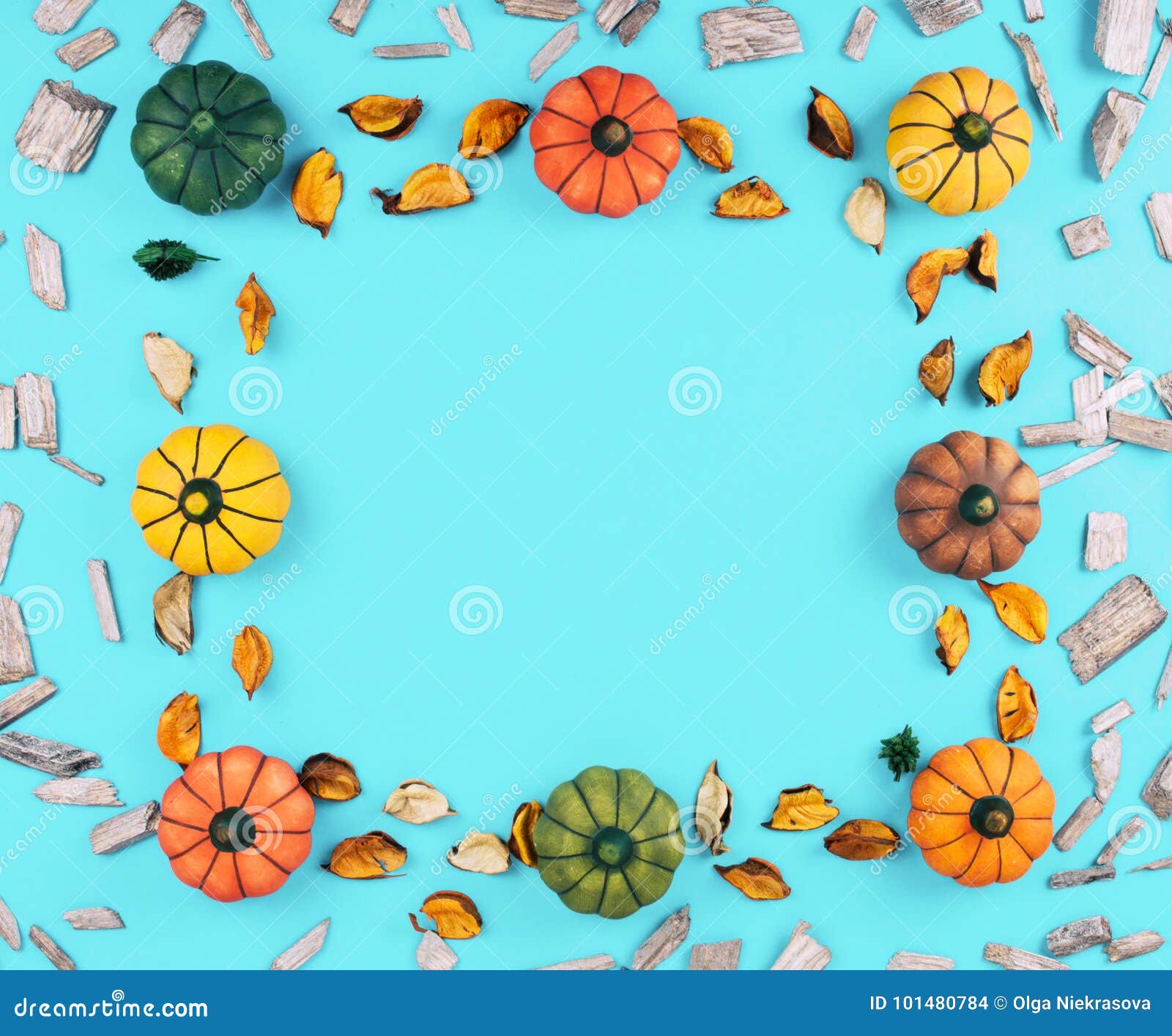 Decorative Pumpkins on Blue Background. Stock Photo - Image of flat ...