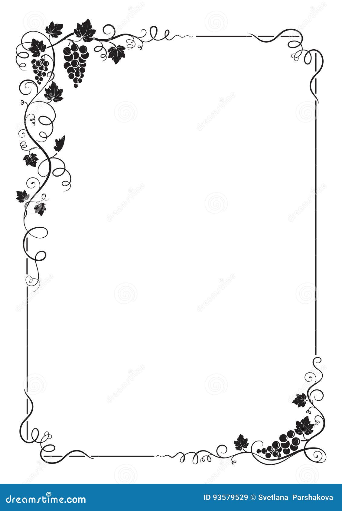 Decorative Rectangular Frame with Bunch of Grapes, Grape Leaves, Vines ...