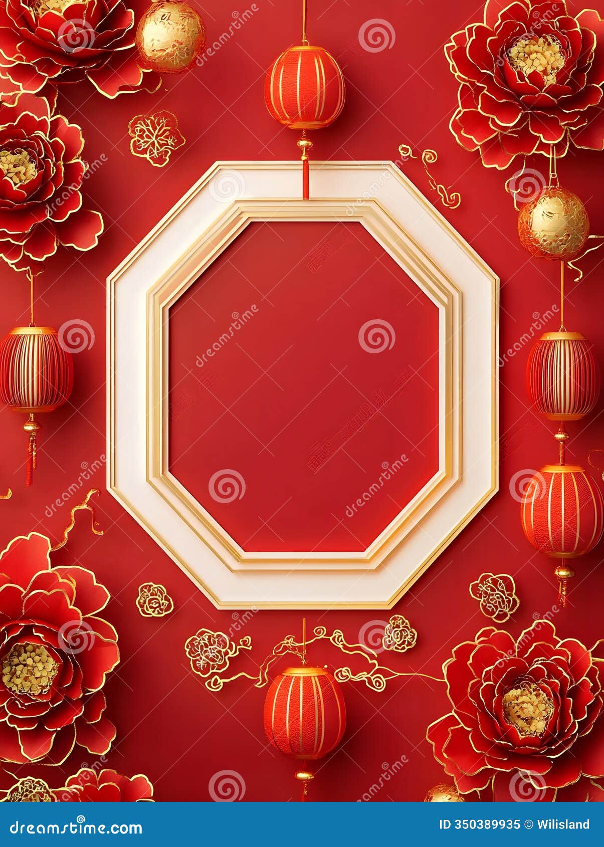 A Decorative Red Background with an Octagonal Frame, Flowers, and ...