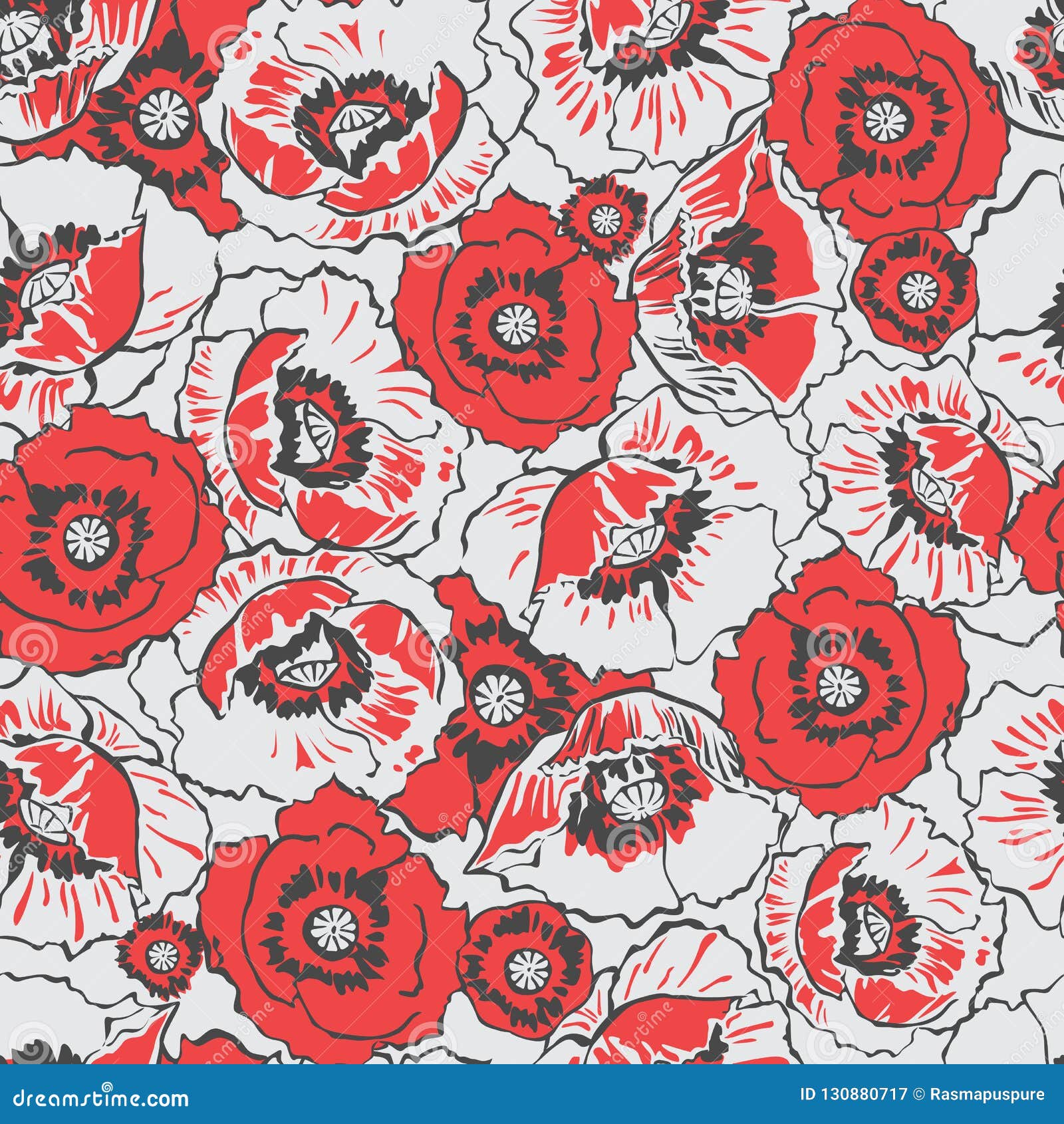Red Poppies Flower Meadow Seamless Pattern On Light Grey Background