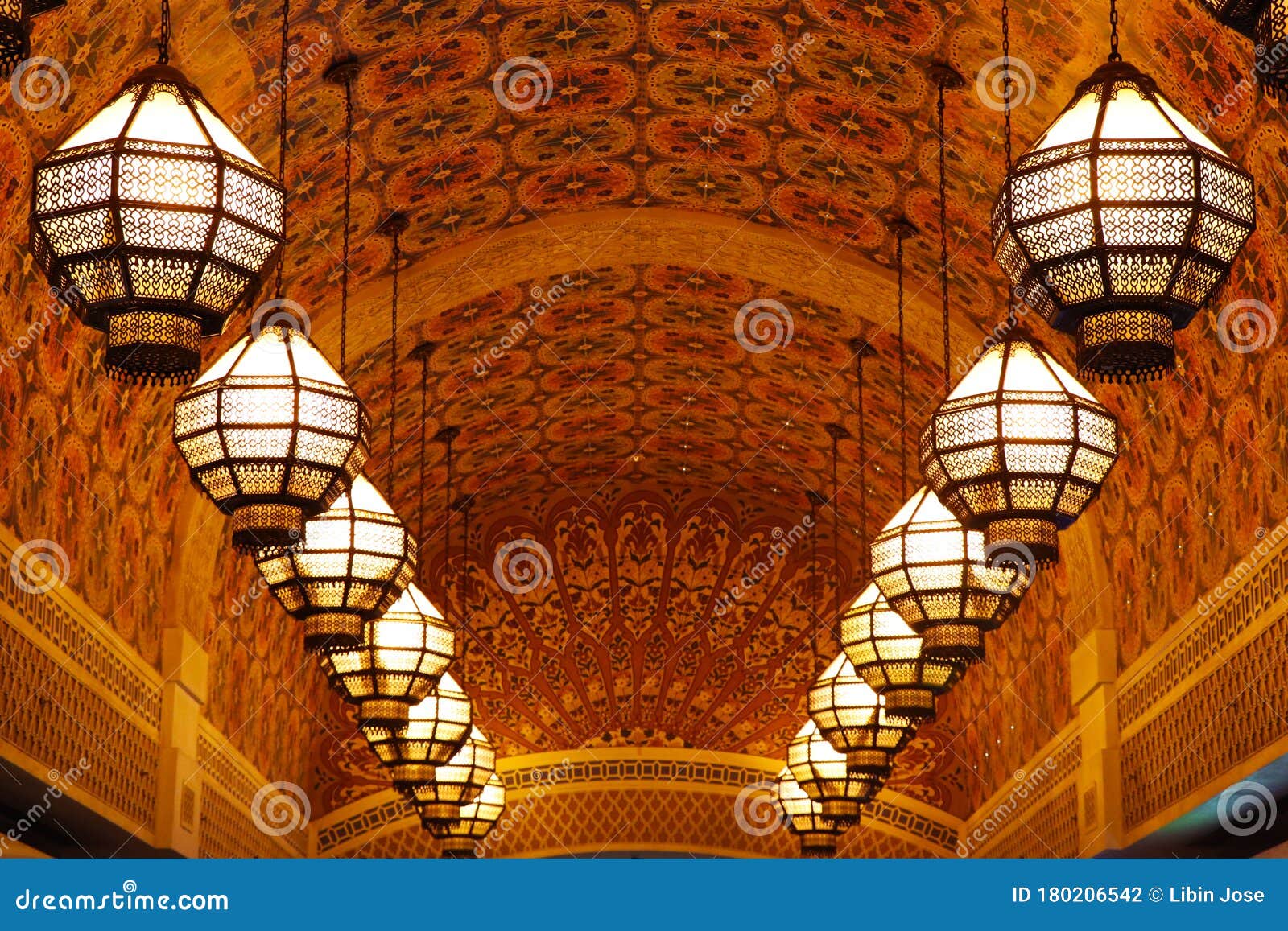 Decorative Roof Lights with Arabic Design Roof Wall at Night Stock ...