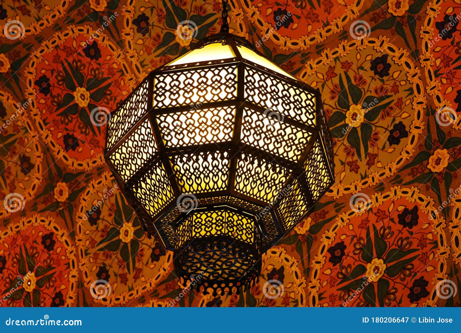 Decorative Roof Lights with Arabic Design Roof Wall at Night Stock ...