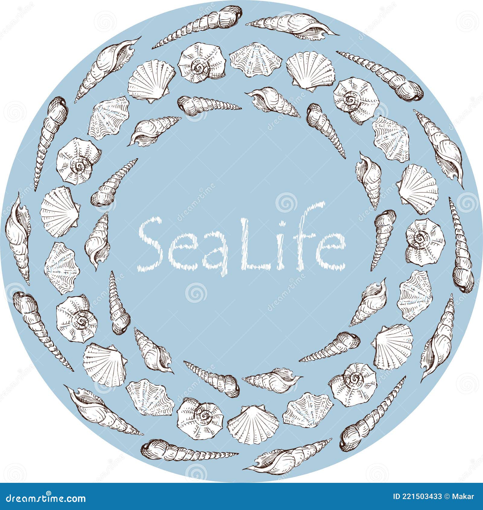 Decorative Round Background with Sketches Various Seashells Stock ...