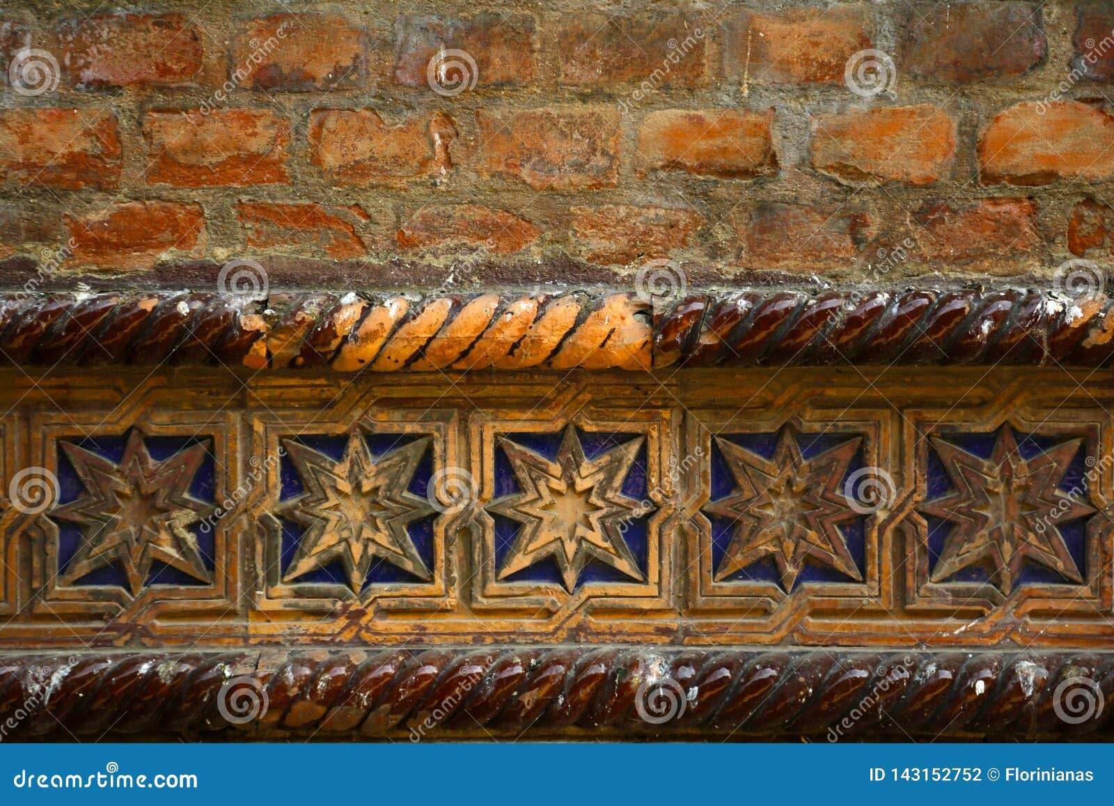 Decorative Row of Blue Glazed Tile on a Old Brick Wall of a Synagogue ...