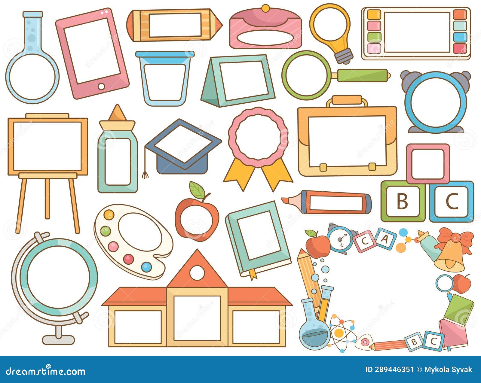 Decorative School Frame and Border Isolated Set with Education ...