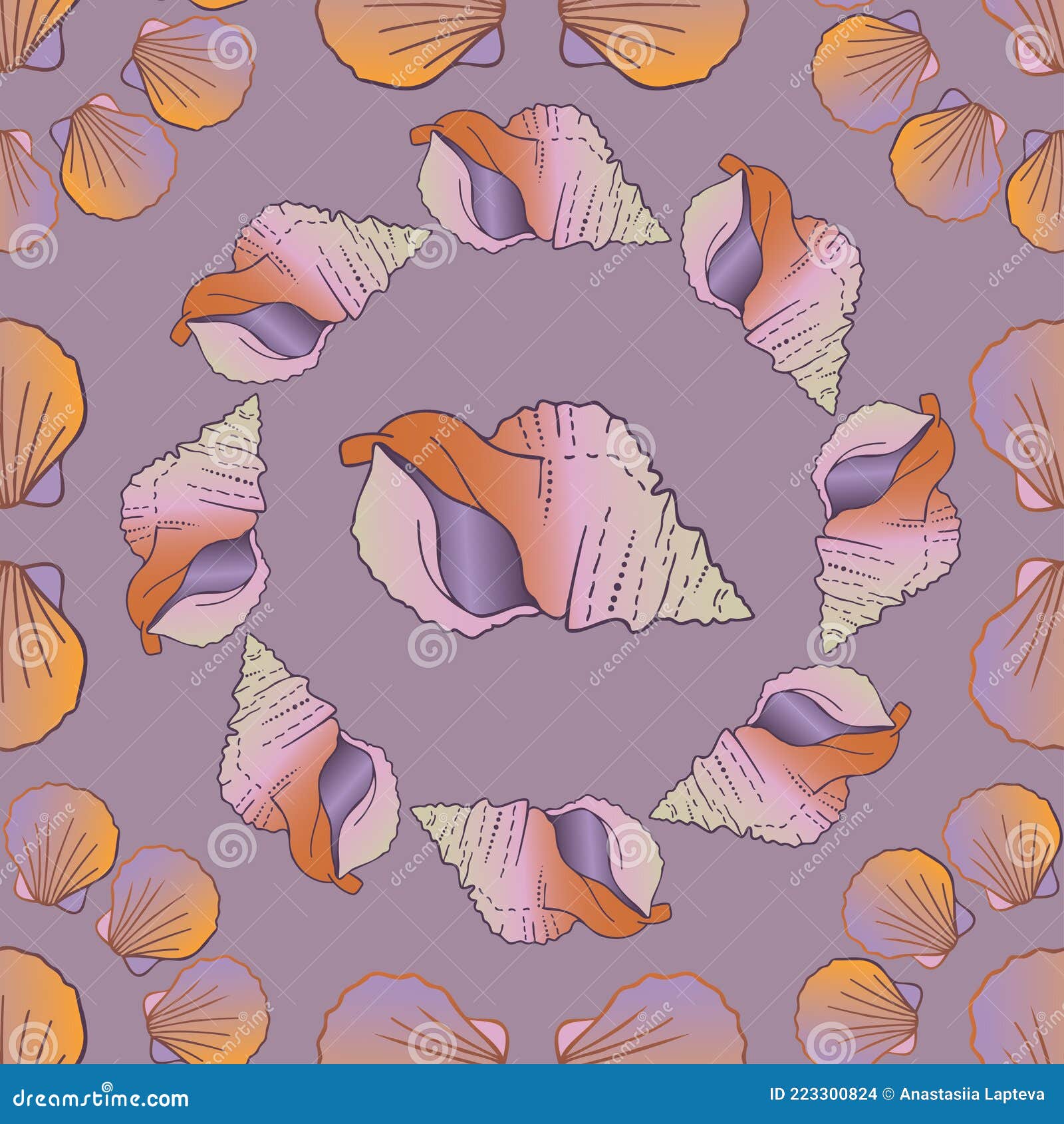 Decorative Seamless Elegant Pattern Design of Seashells in Purple Tones ...