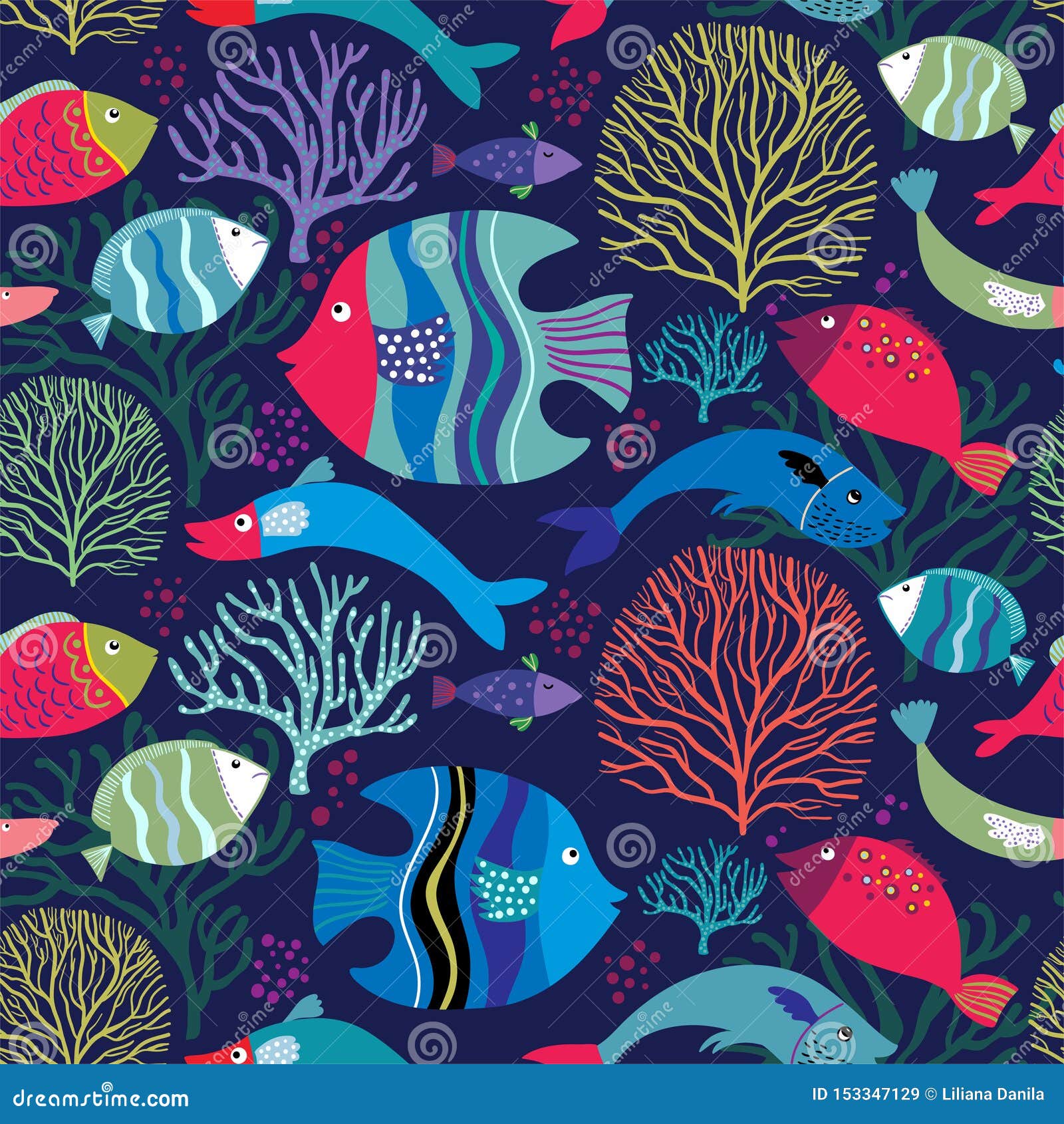Decorative Seamless Pattern with Colorful Fish and Aquatic Plants Stock ...