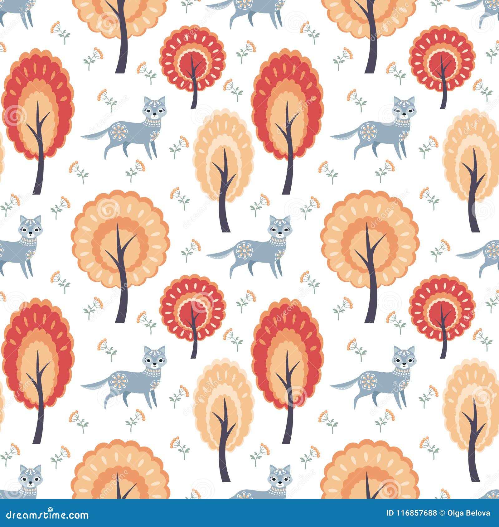 Seamless Pattern in Folk Style with Wolf Stock Vector - Illustration of ...
