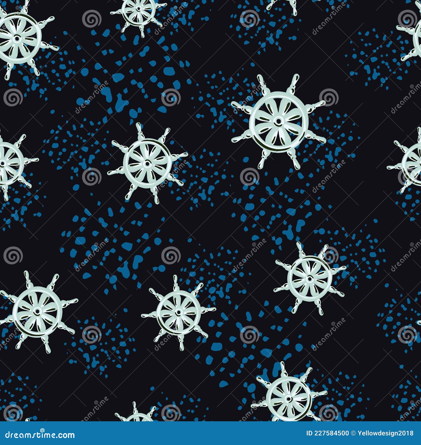 Decorative Seamless Pattern with Random Ship Rudder Ornament. Black Background with Blue ...