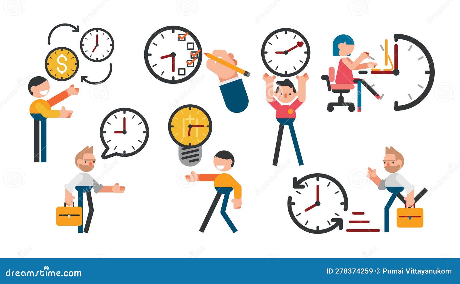 Decorative Set of Flat Time Management Icons with Working People Stock ...