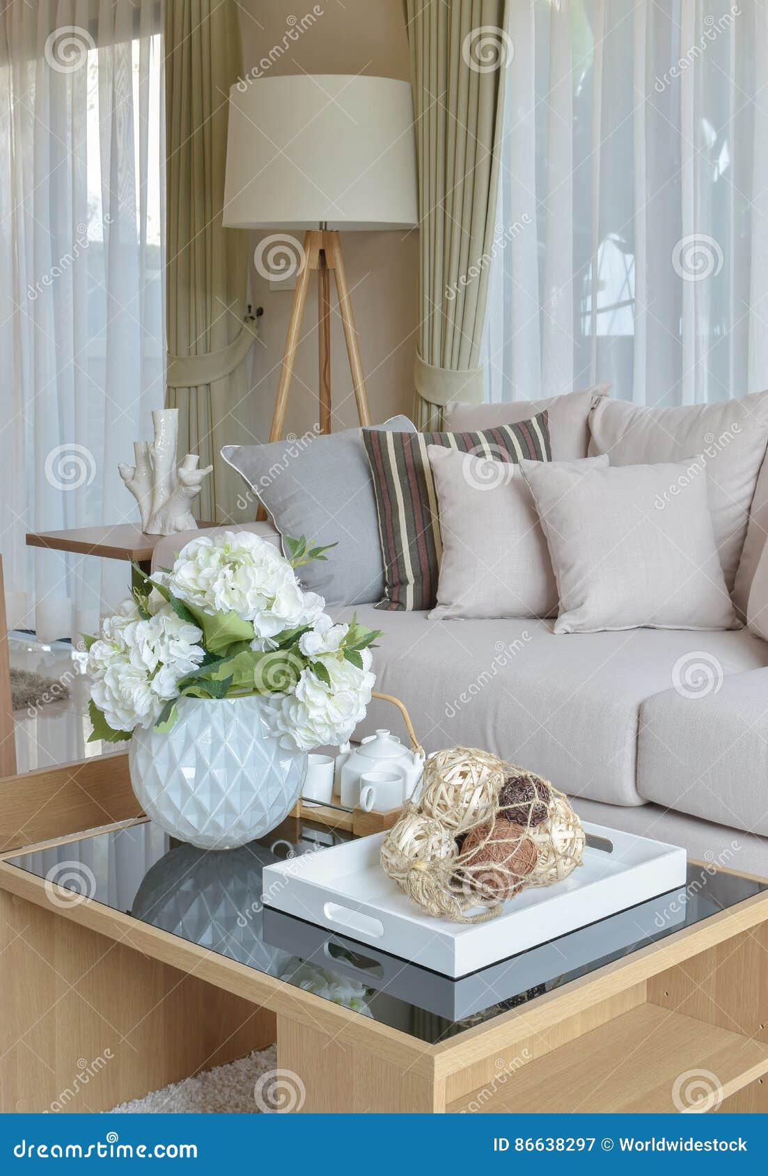 Decorative Set on Wooden Table in Modern Living Room Interior Stock ...